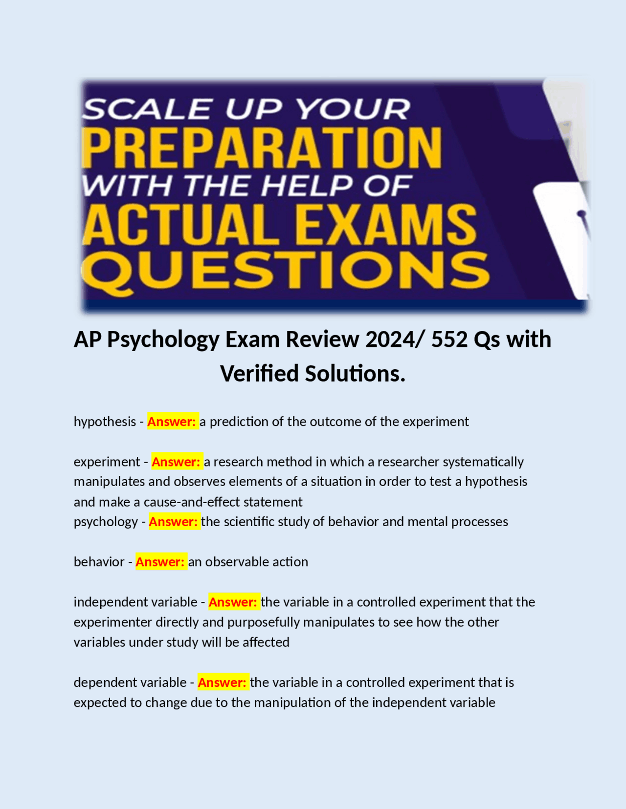 AP Psychology Exam Review 2024/ 552 Qs with Verified Solutions. | Exams ...