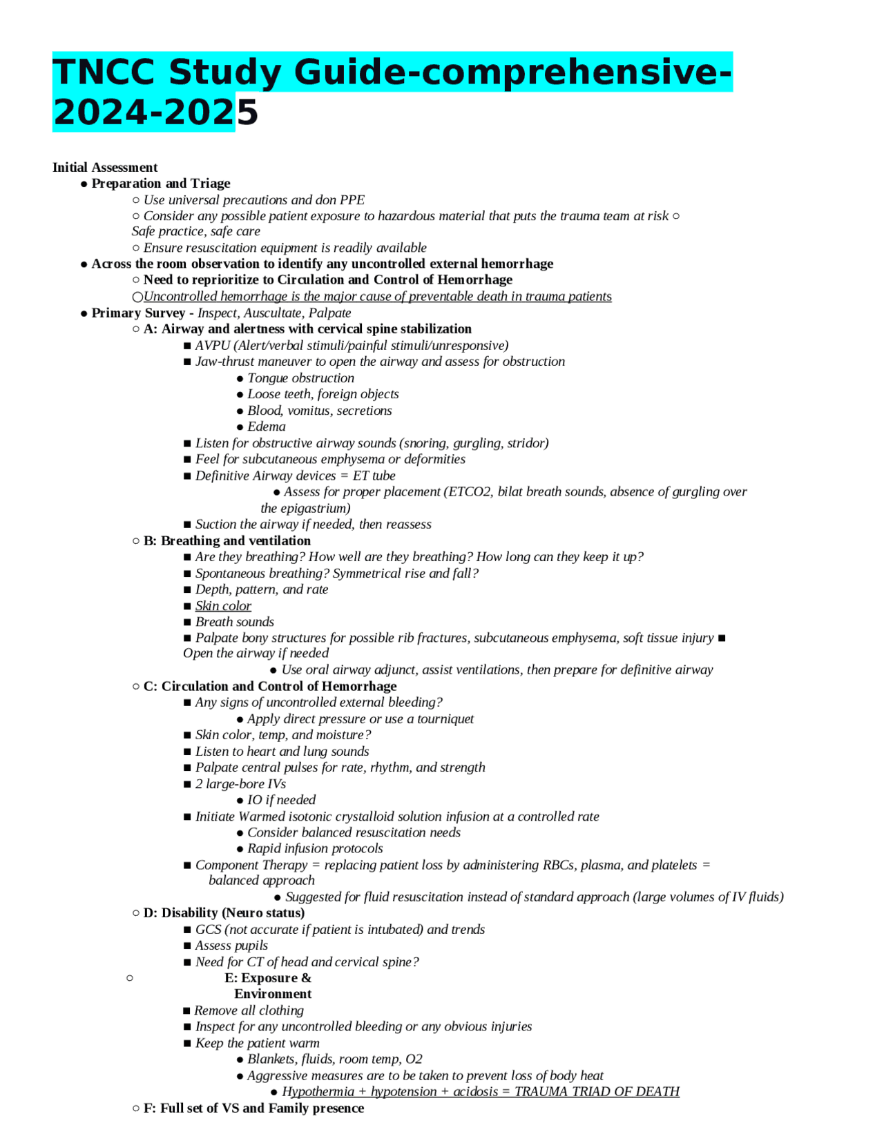 TNCC Study Guide-comprehensive-2024-2025.docx | Exams Nursing | Docsity
