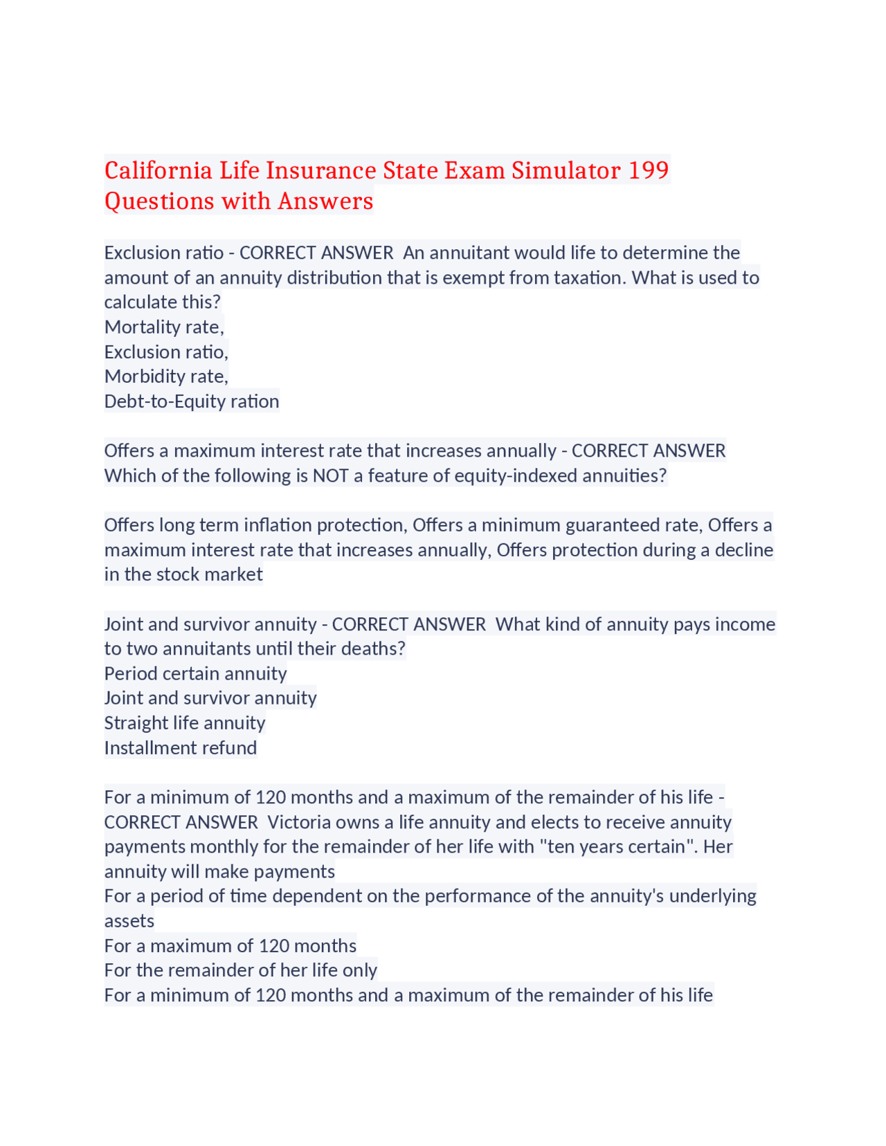 California Life Insurance State Exam Simulator 199 Questions with ...