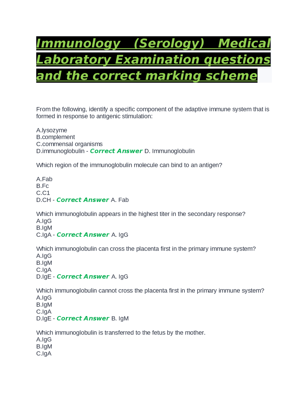 Immunology (Serology) Medical Laboratory Examination questions and the ...