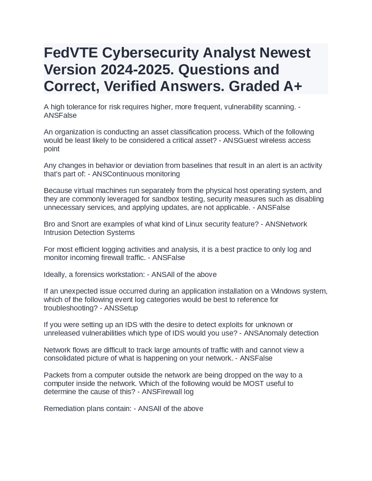FedVTE Cybersecurity Analyst Newest Version 2024-2025. Questions and Correct Answers. A+ | Exams ...