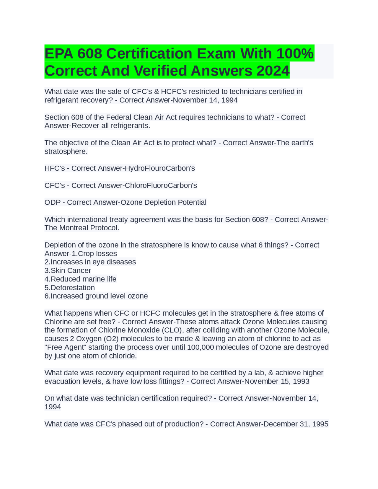 EPA 608 Certification Exam With 100% Correct And Verified Answers 2024 ...