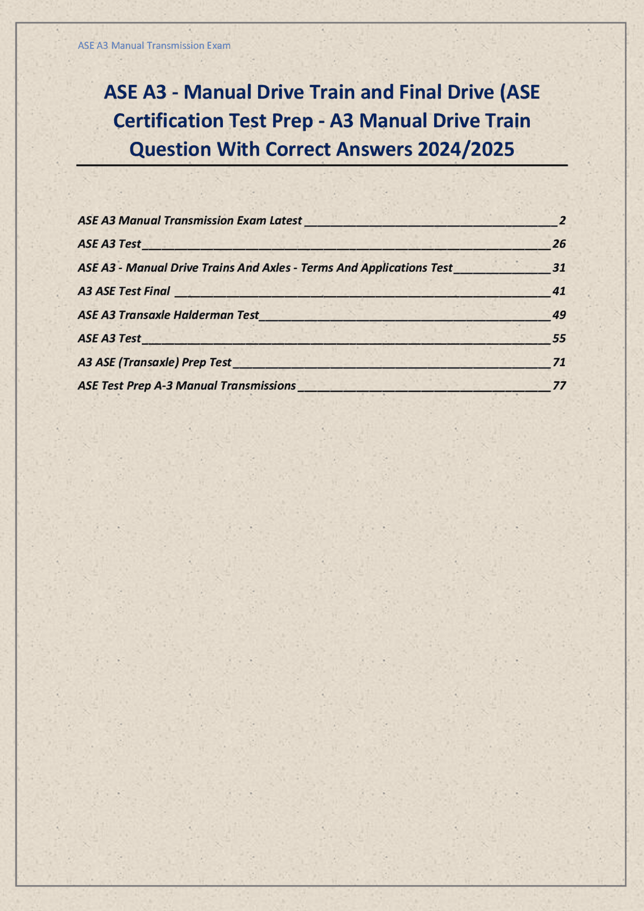 ASE A3 - Manual Drive Train and Final Drive (ASE Certification Test ...