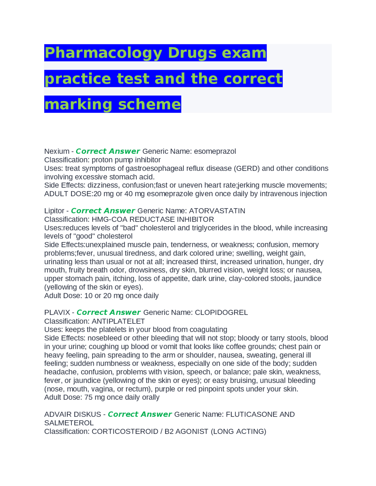 Pharmacology Drugs exam practice test and the correct marking scheme ...