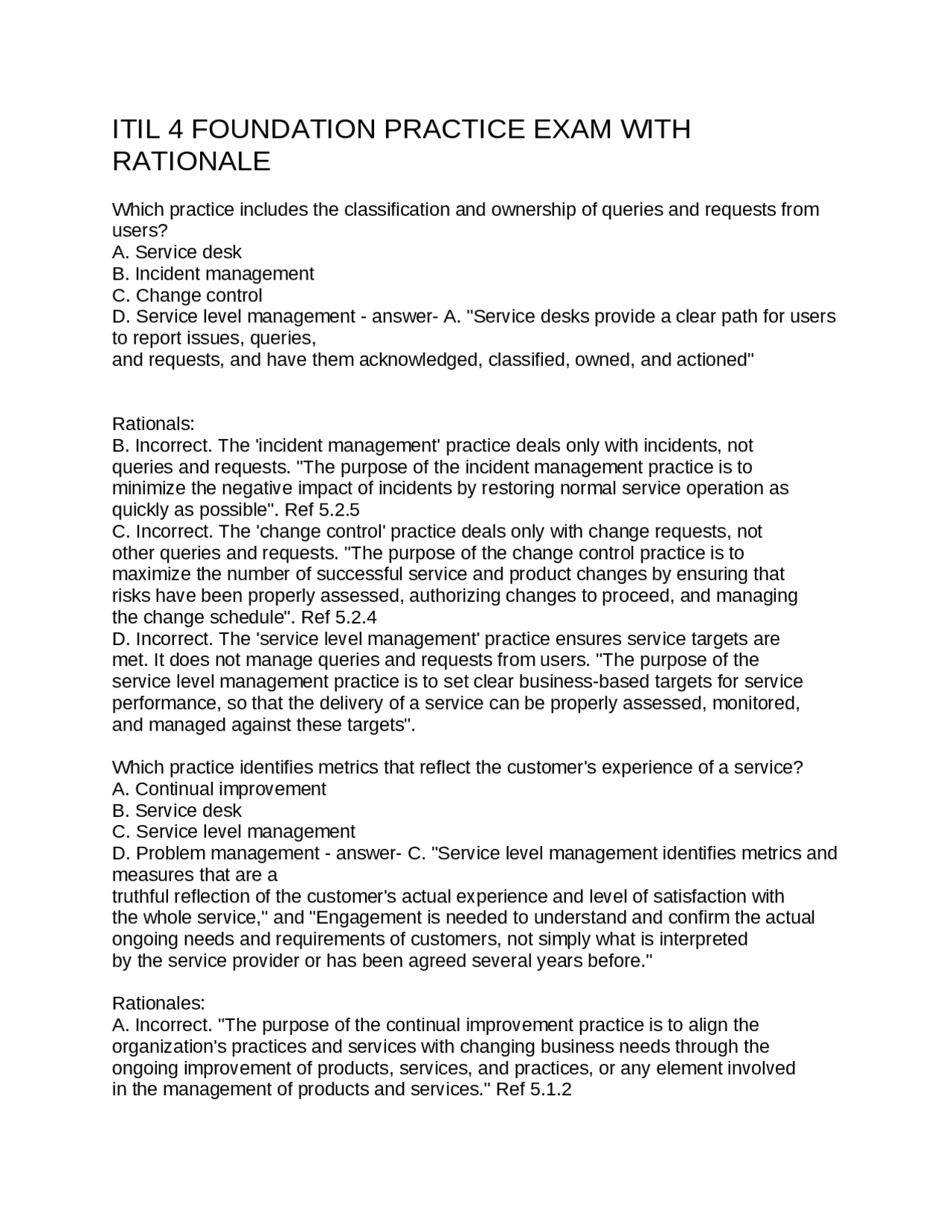 ITIL 4 FOUNDATION PRACTICE EXAM WITH RATIONALE | Exams Nursing | Docsity