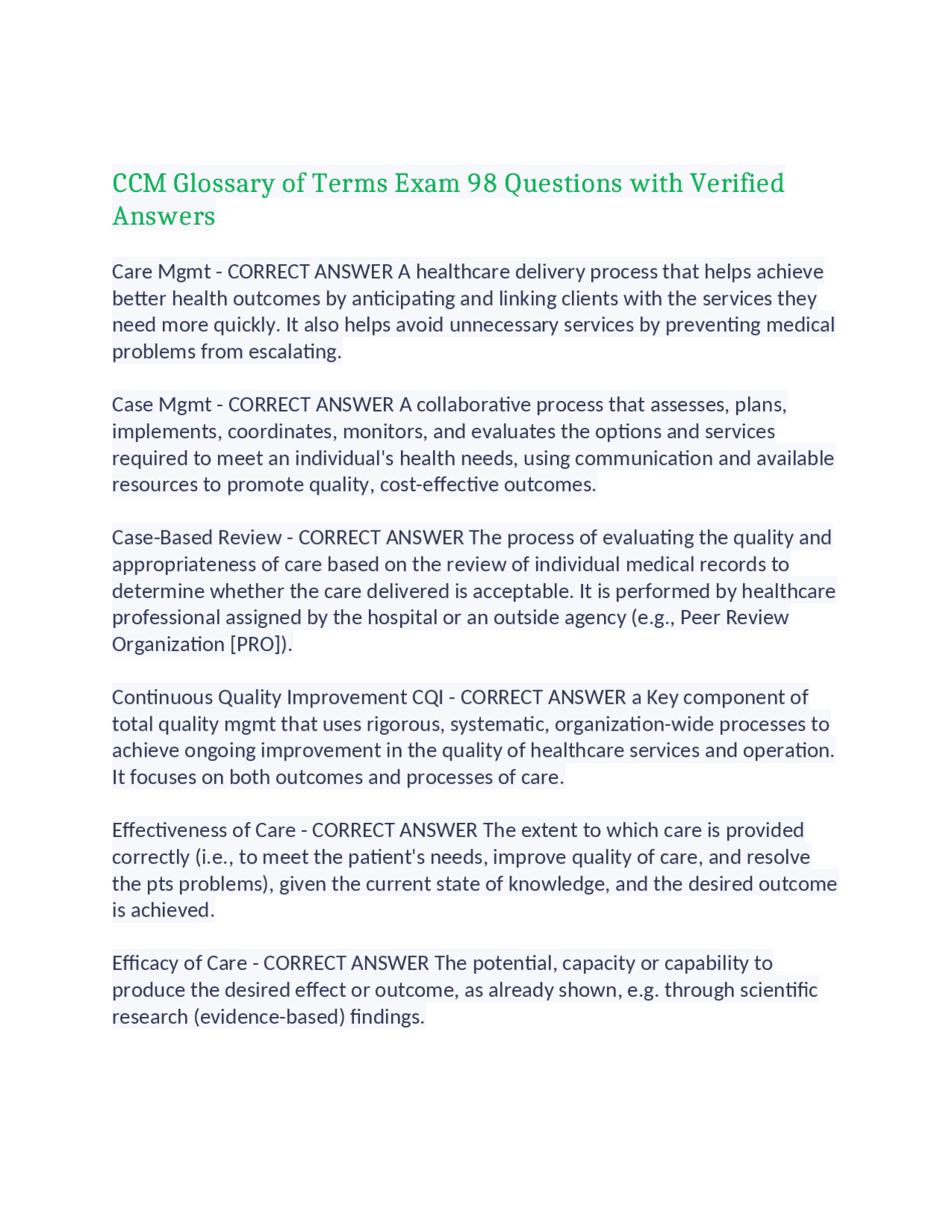 CCM Glossary of Terms Exam 98 Questions with Verified Answers,100% ...