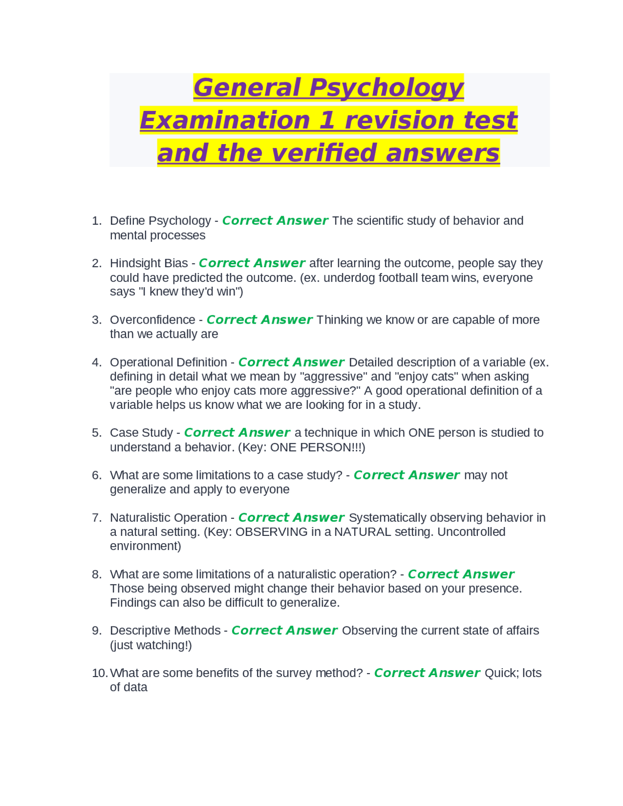General Psychology Examination 1 Revision Test | Exams Psychology | Docsity