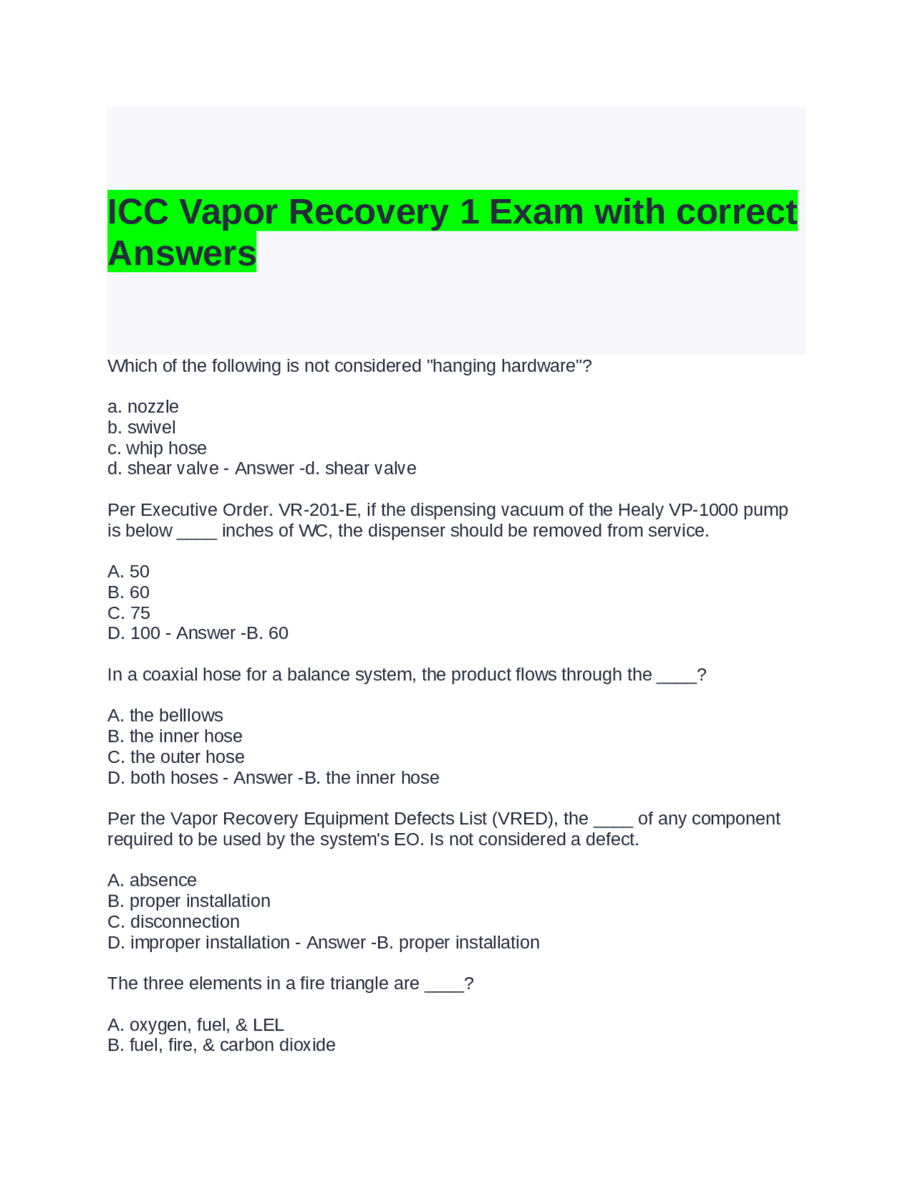 ICC Vapor Recovery 1 Exam with correct Answers | Exams Advanced ...