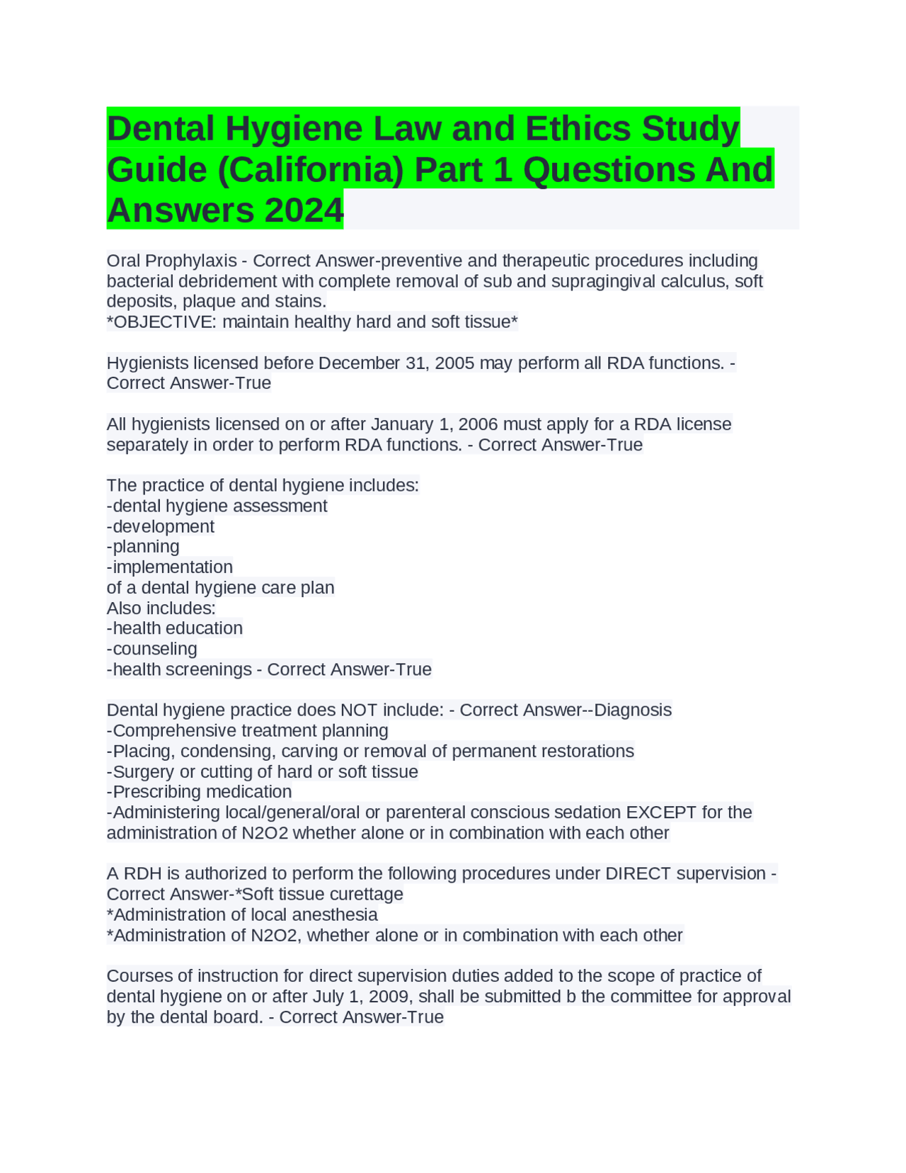 Dental Hygiene Law and Ethics Study Guide (California) Part 1 Questions ...
