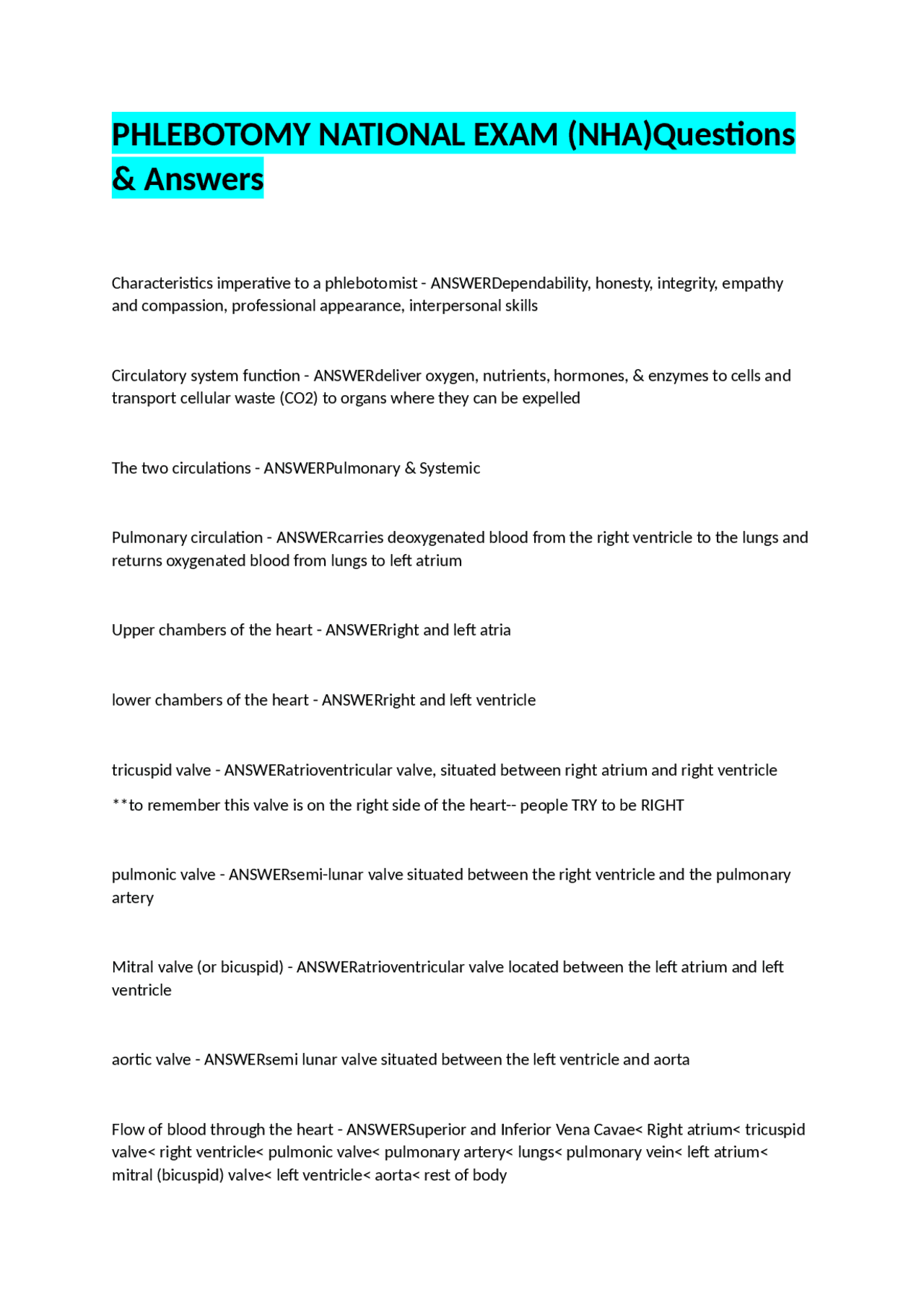 Phlebotomy National Exam (NHA) Questions & Answers | Exams Microbiology ...