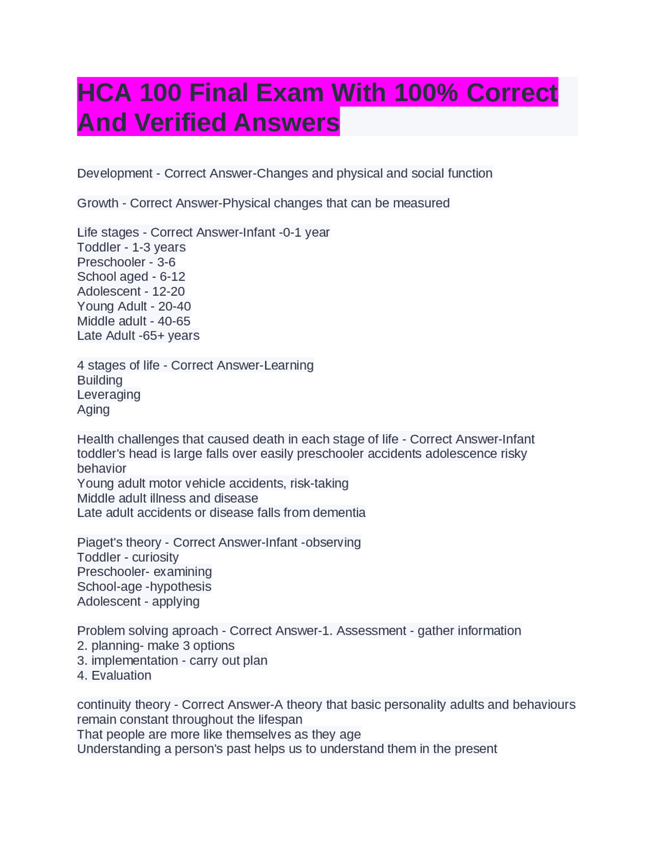HCA 100 Final Exam With 100% Correct And Verified Answers | Exams Advanced Education | Docsity
