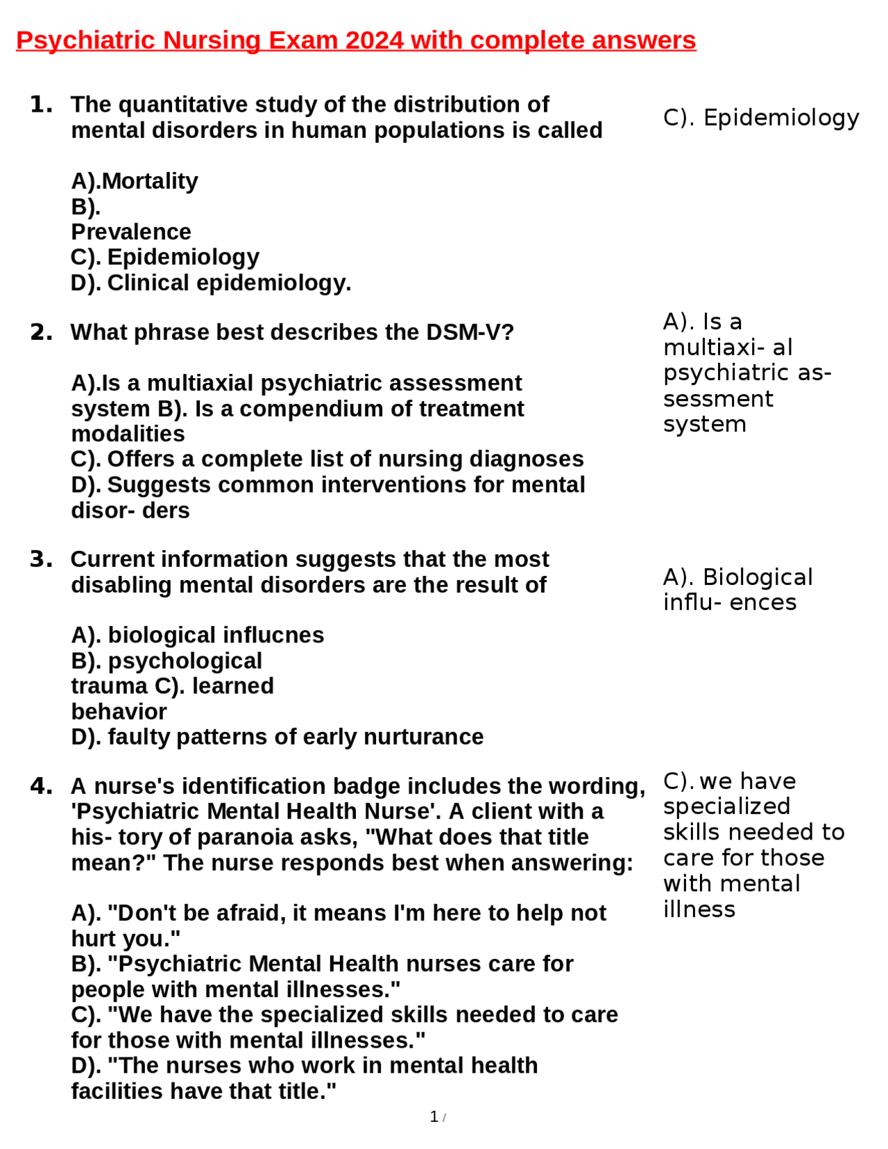 Psychiatric Nursing Exam 2024 with complete answers | Exams Psychiatry ...