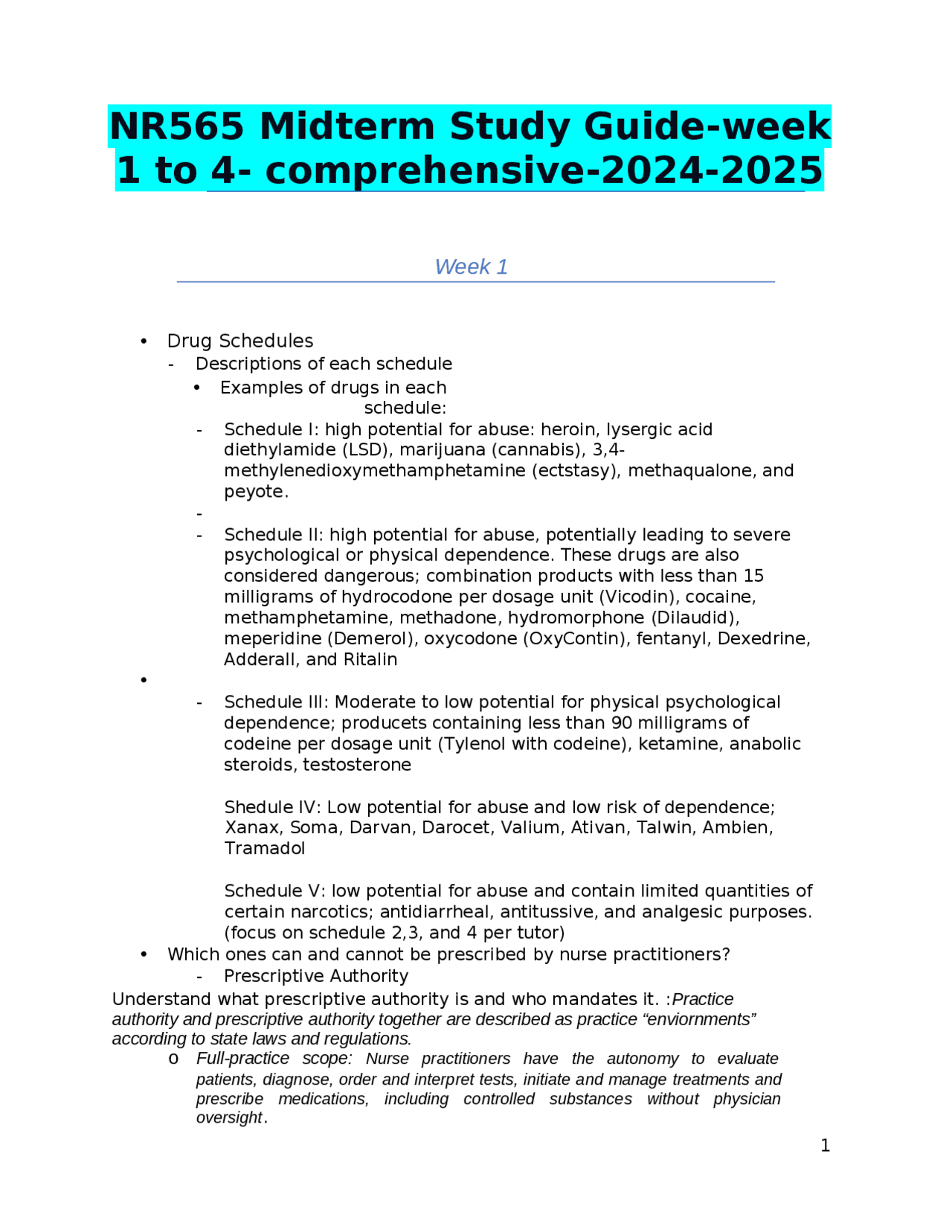 NR565 Midterm Study Guide-week 1 to 4- comprehensive-2024-2025 .docx | Exams Nursing | Docsity