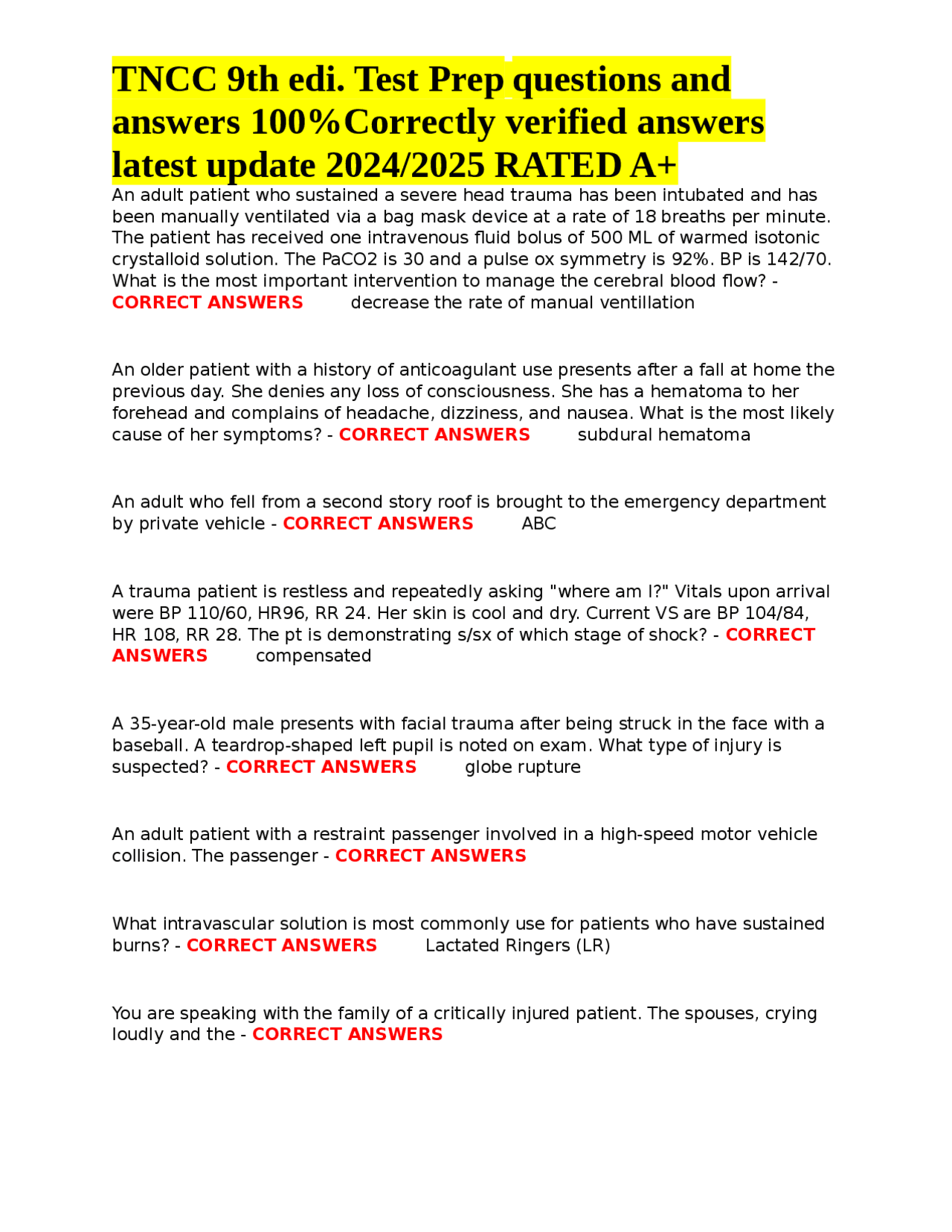 TNCC 9th edi. Test Prep questions and answers 100%Correctly verified ...