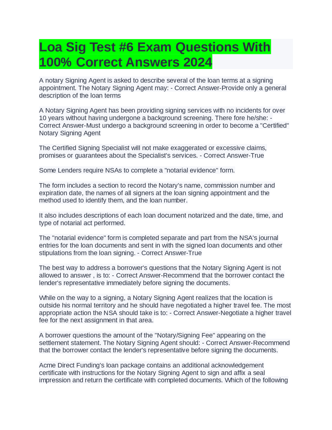 Loa Sig Test #6 Exam Questions With 100% Correct Answers 2024 | Exams ...