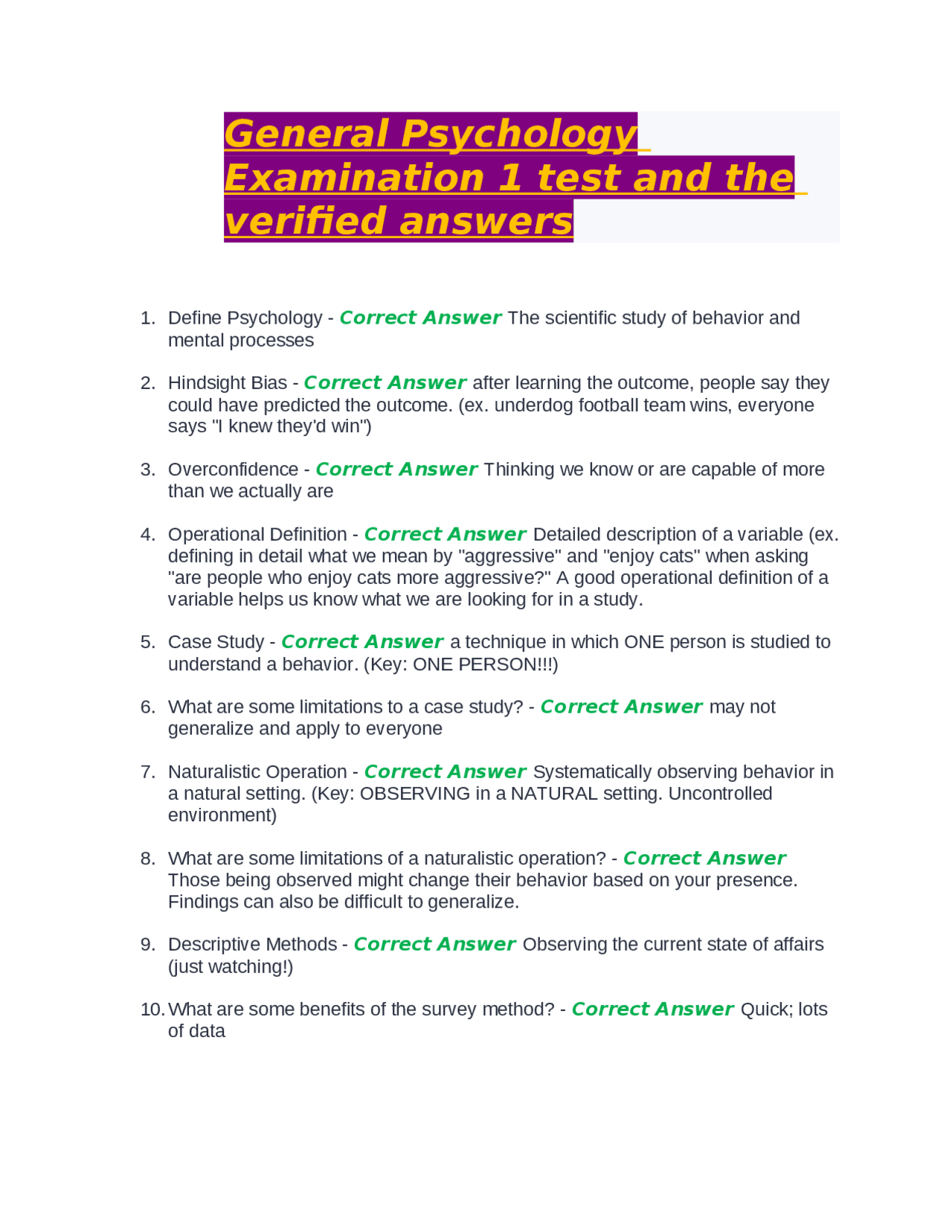 General Psychology Examination 1 Test and Verified Answers | Exams ...