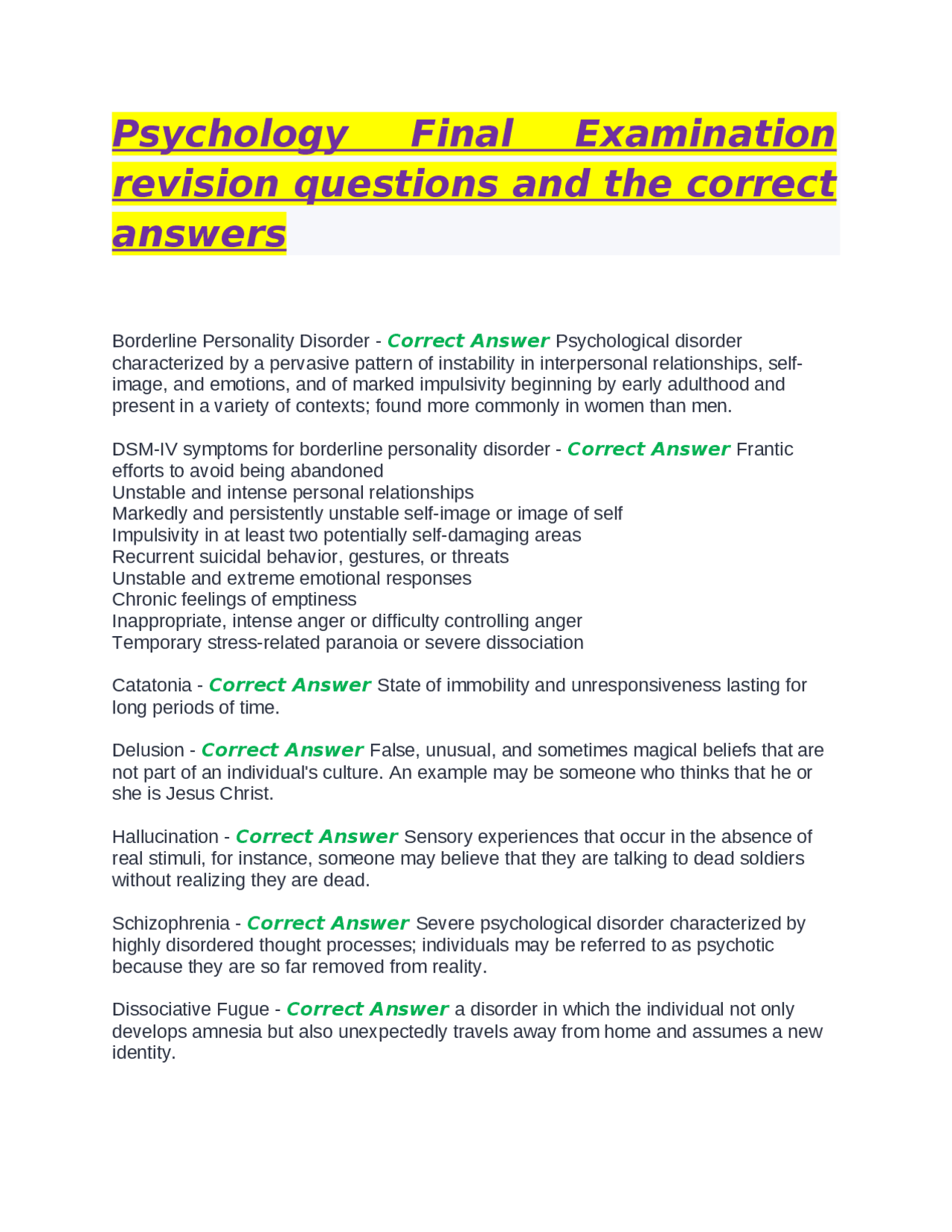 Psychology Final Examination: Revision Questions and Answers | Exams ...