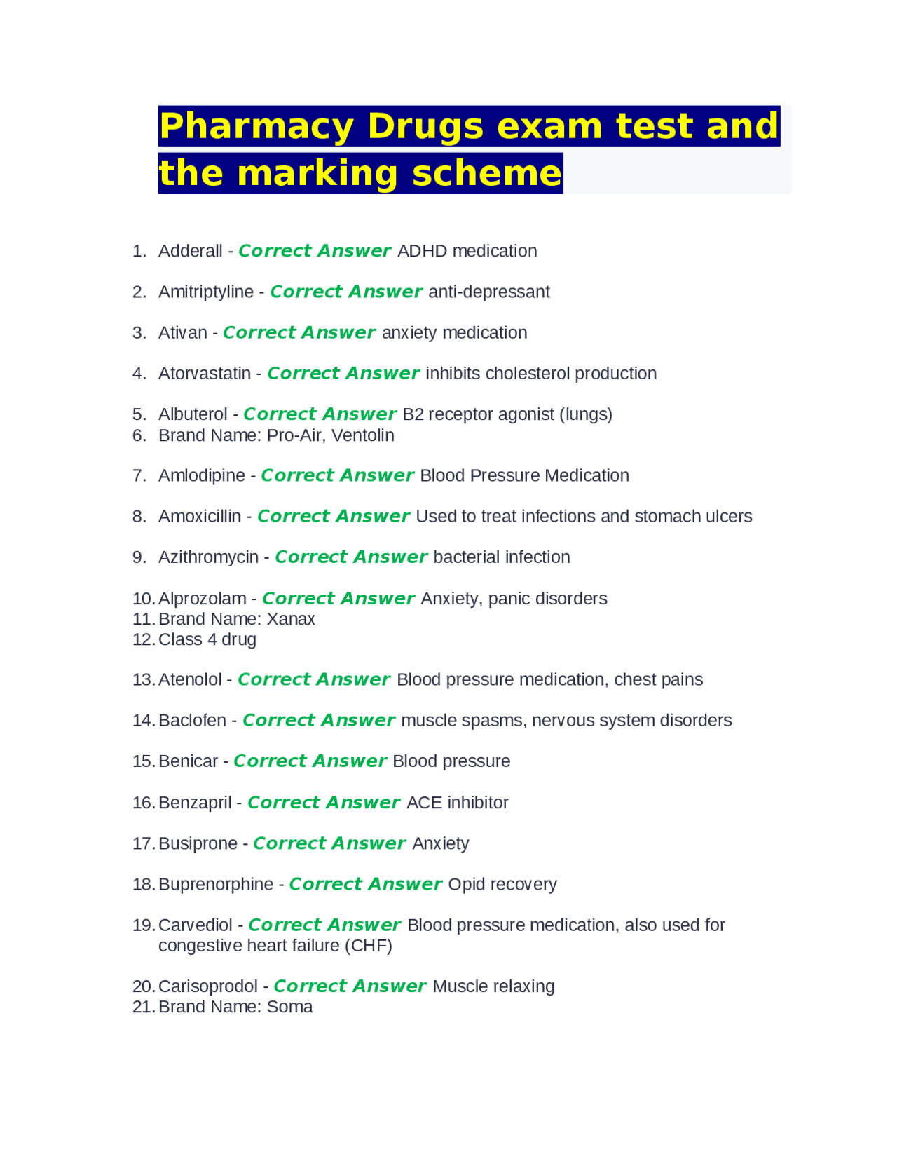 Pharmacy Drugs exam test and the marking scheme | Exams Pharmacy | Docsity