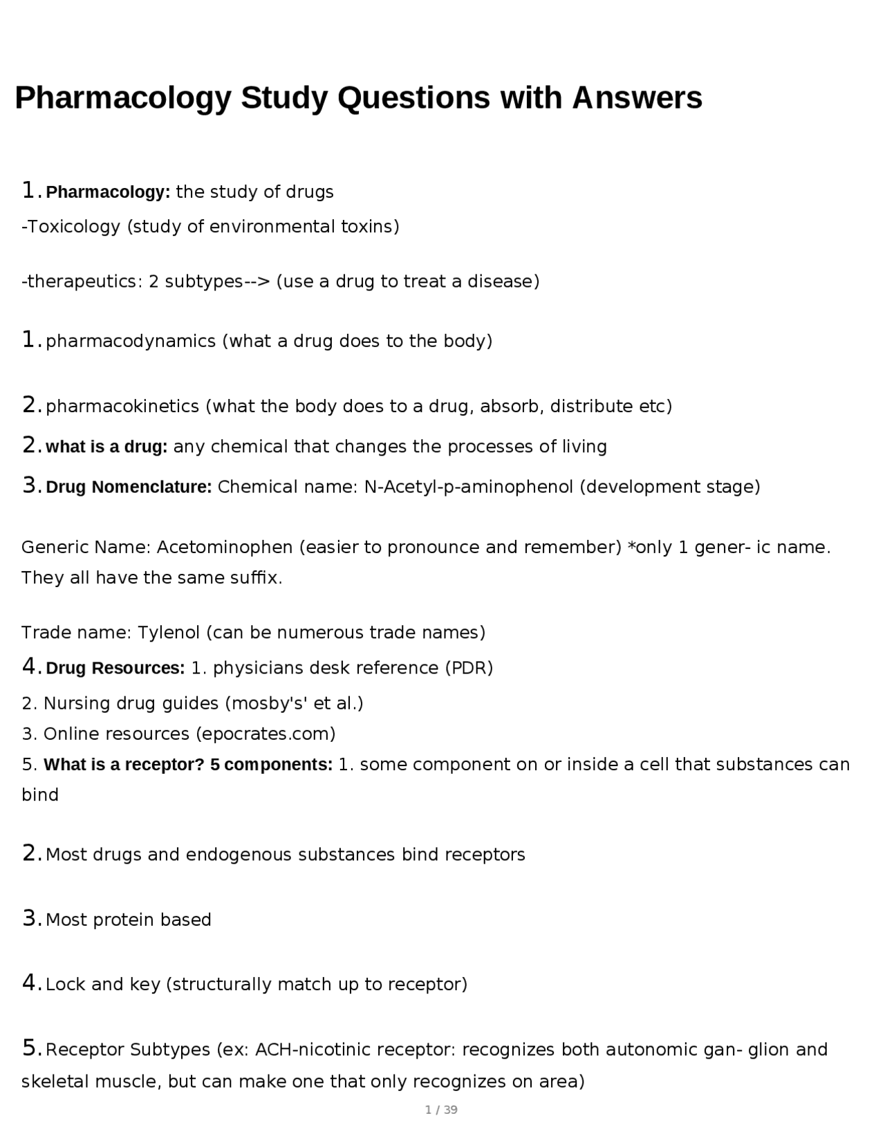 Pharmacology Study Questions with Answers | Exams Pharmacology | Docsity
