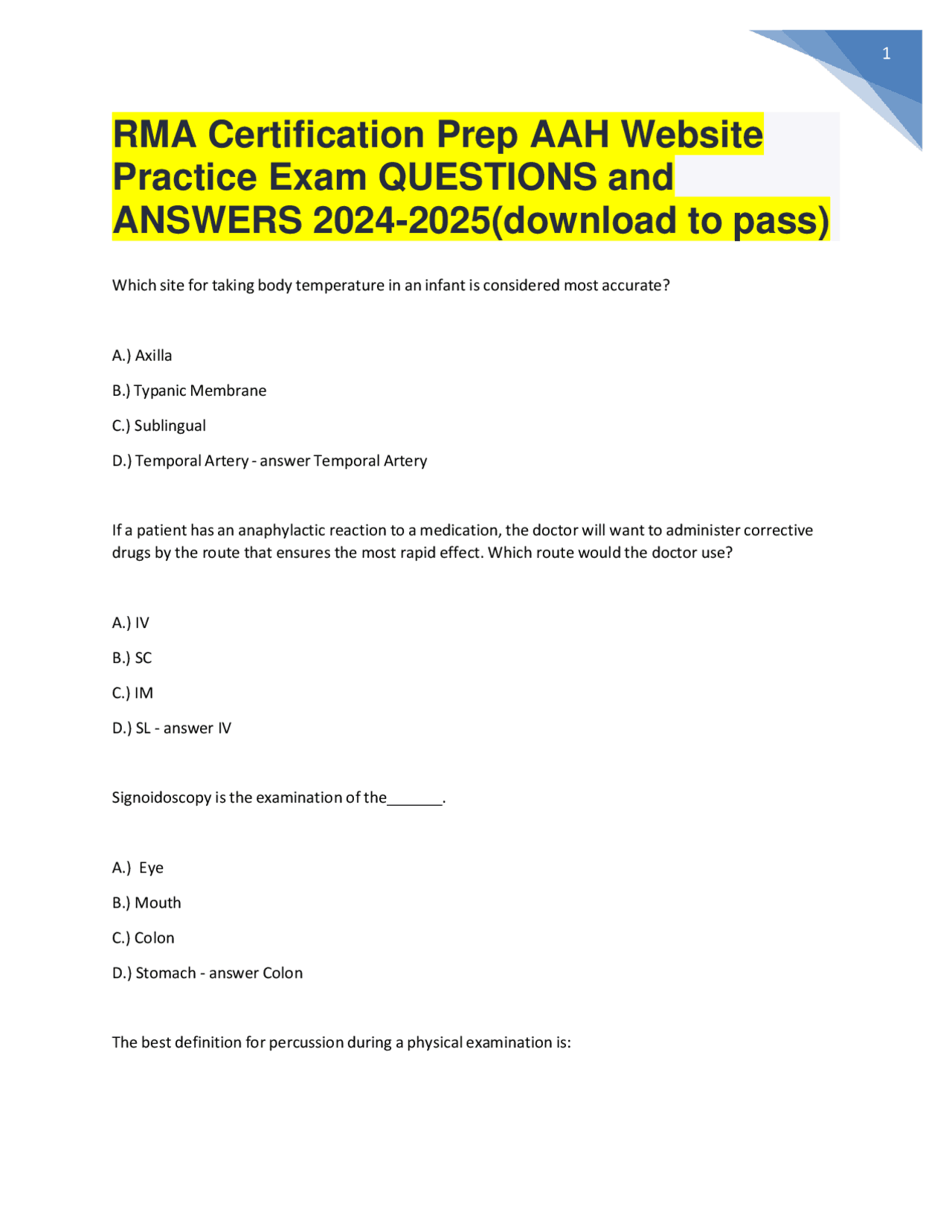 RMA Certification Prep AAH Website Practice Exam QUESTIONS and ANSWERS ...