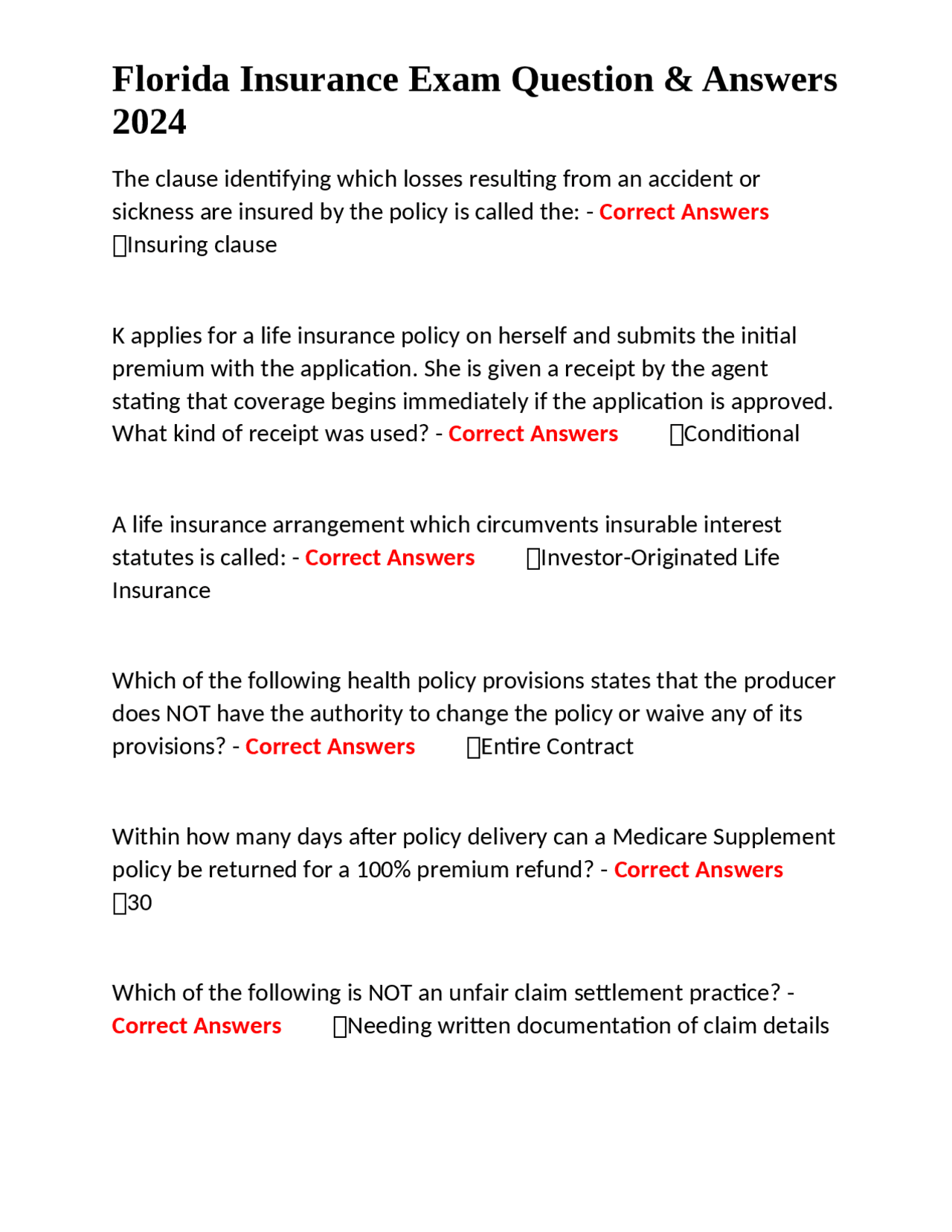 Florida Insurance Exam Question & Answers 2024 | Exams Nursing | Docsity