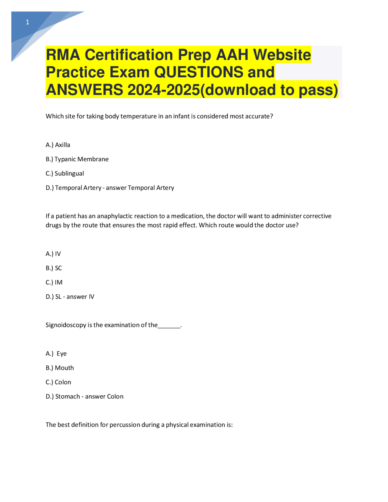 RMA Certification Prep AAH Website Practice Exam QUESTIONS and ANSWERS ...