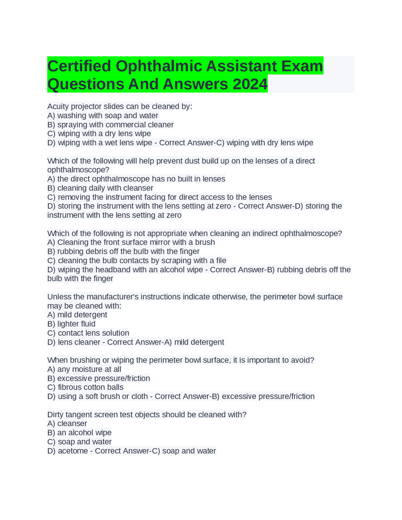 Certified Ophthalmic Assistant Exam Questions And Answers 2024 | Exams ...