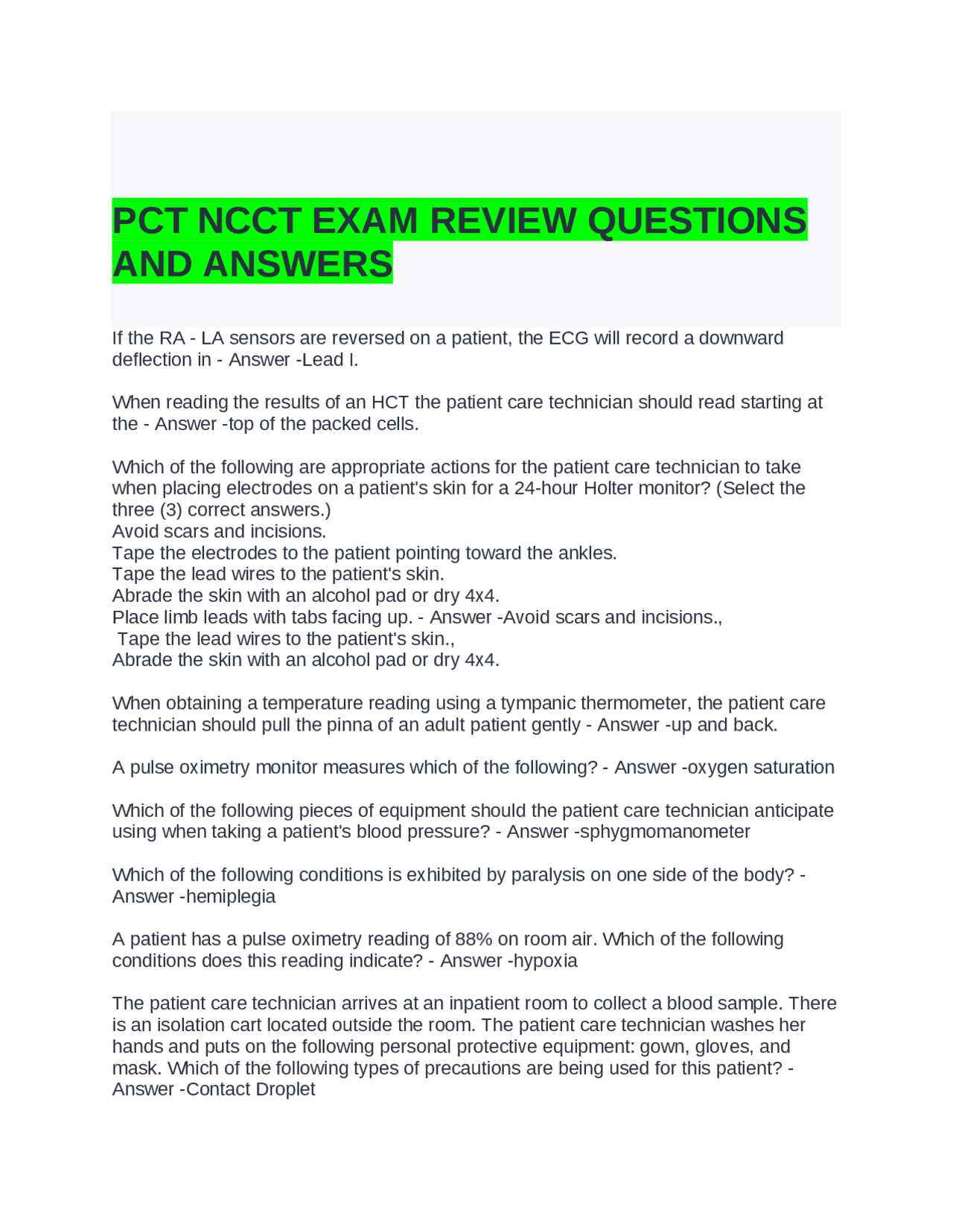 PCT NCCT EXAM REVIEW QUESTIONS AND ANSWERS | Exams Advanced Education ...