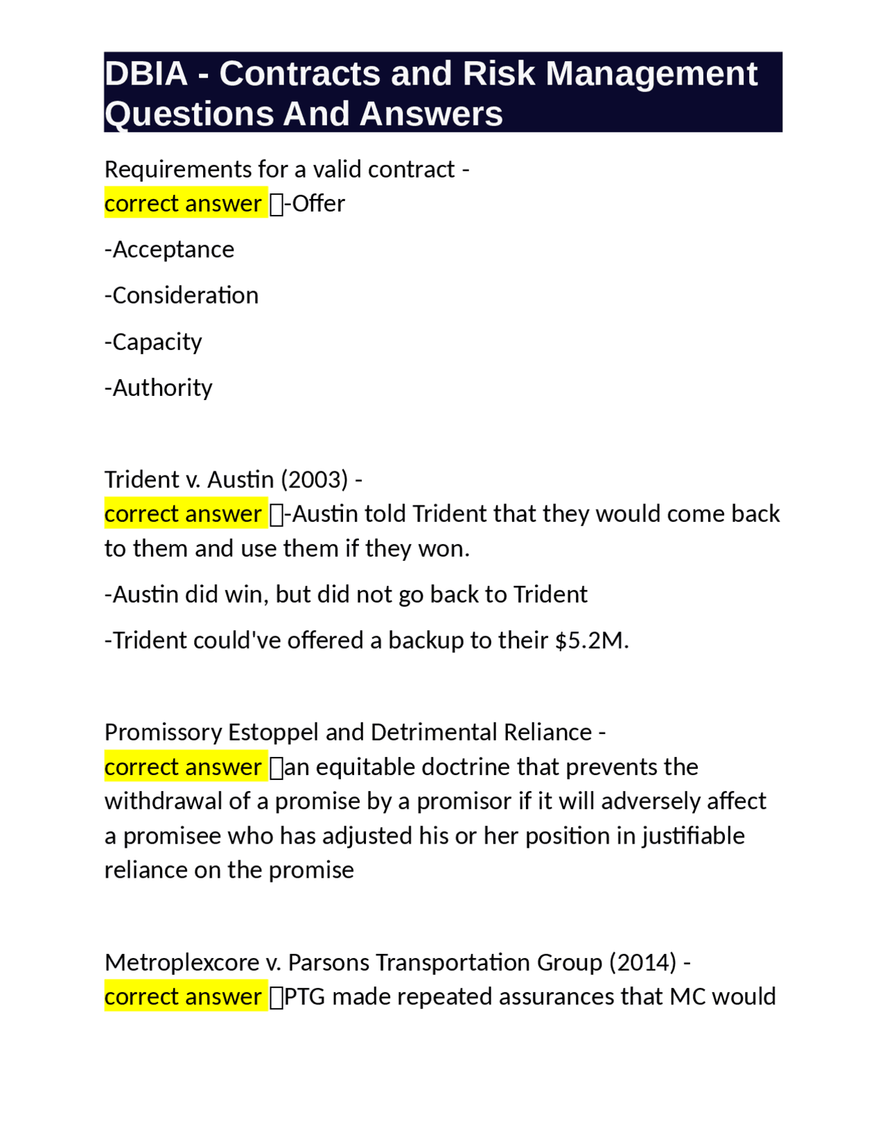 DBIA - Contracts and Risk Management Questions And Answers | Exams ...