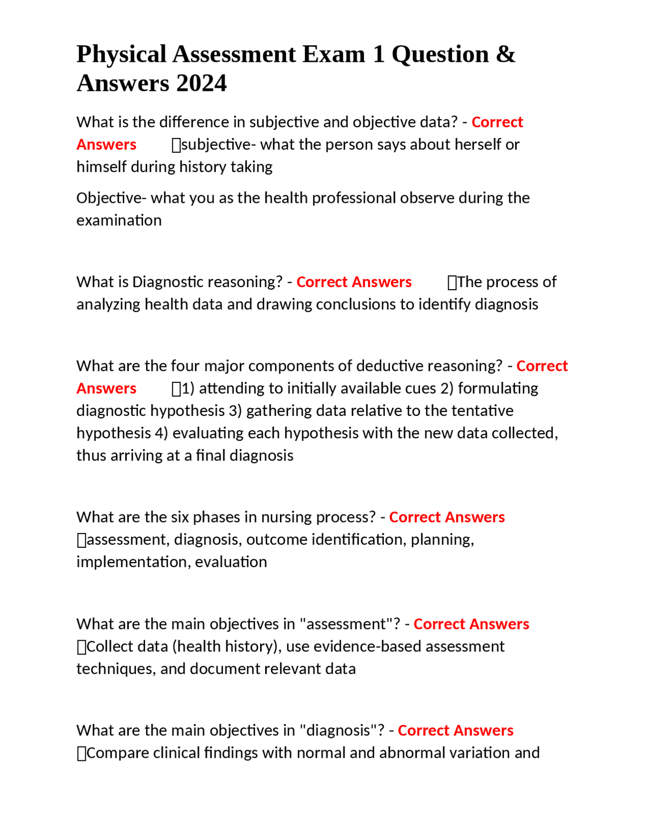 Physical Assessment Exam 1 Question & Answers 2024 | Exams Nursing ...