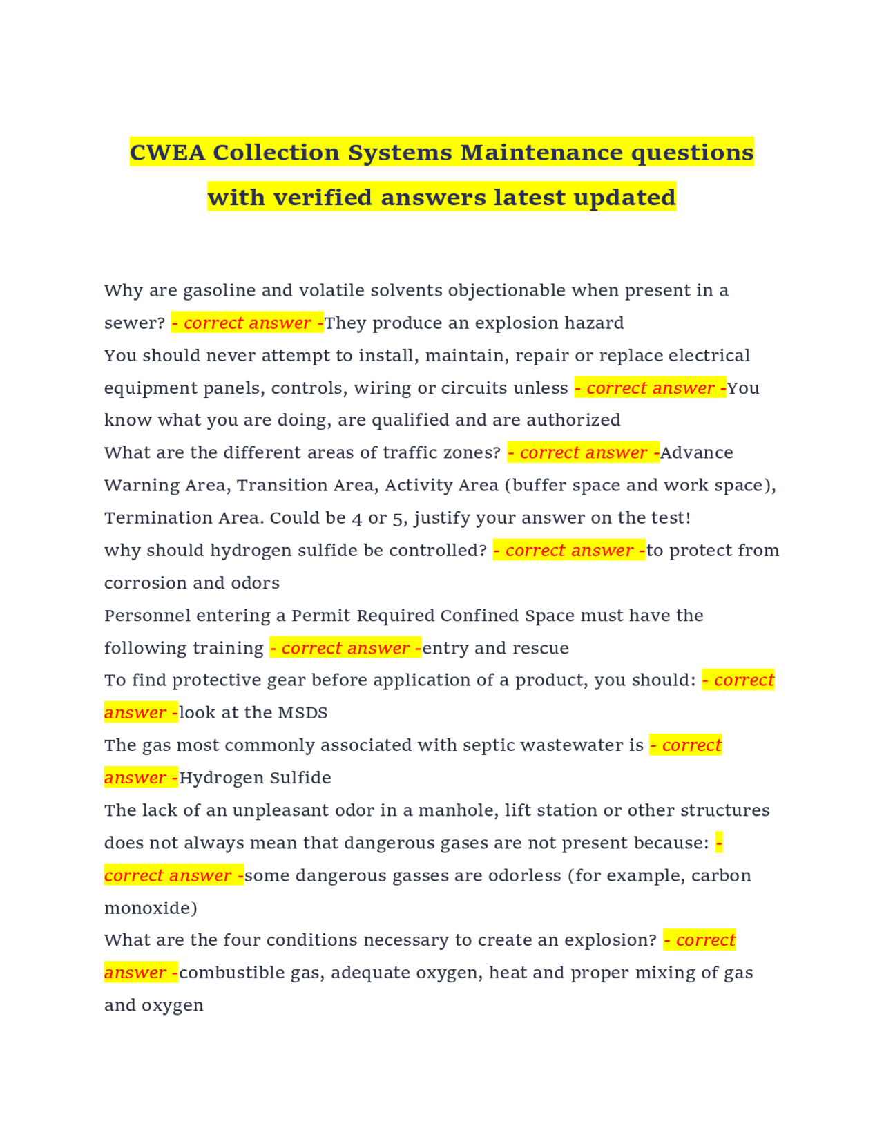 CWEA Collection Systems Maintenance questions with verified answers ...