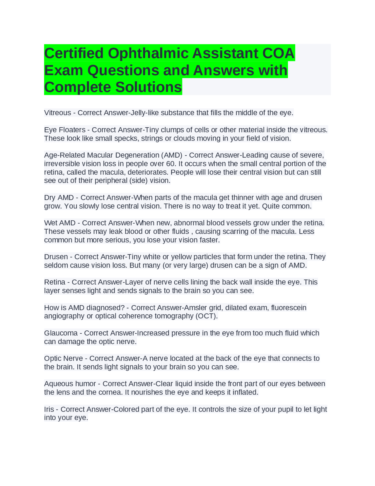 Certified Ophthalmic Assistant COA Exam Questions and Answers with Complete Solutions | Exams ...