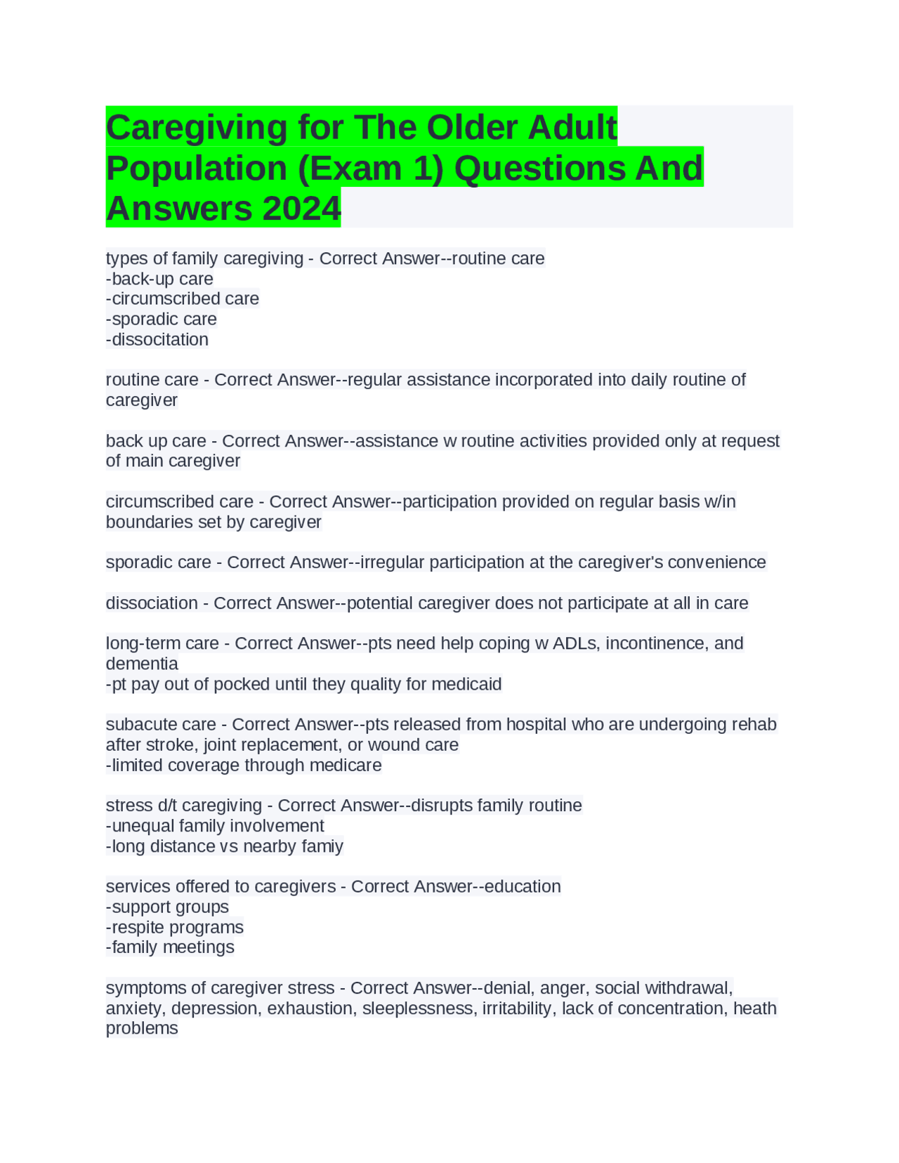 Caregiving for The Older Adult Population: Exam 1 Questions and Answers ...