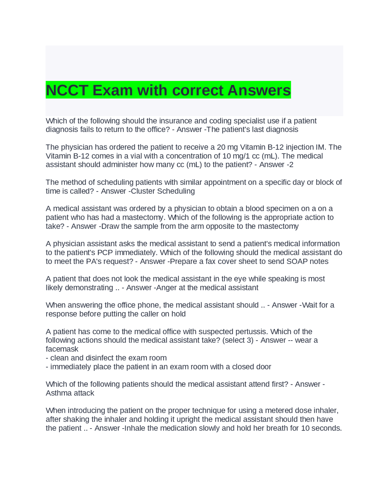 NCCT Exam with correct Answers | Exams Advanced Education | Docsity