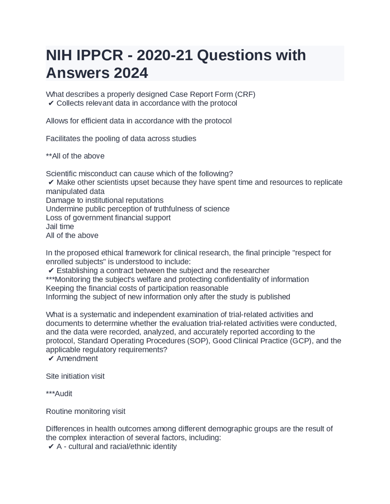 NIH IPPCR - 2020-21 Questions with Answers 2024 | Exams Medicine | Docsity