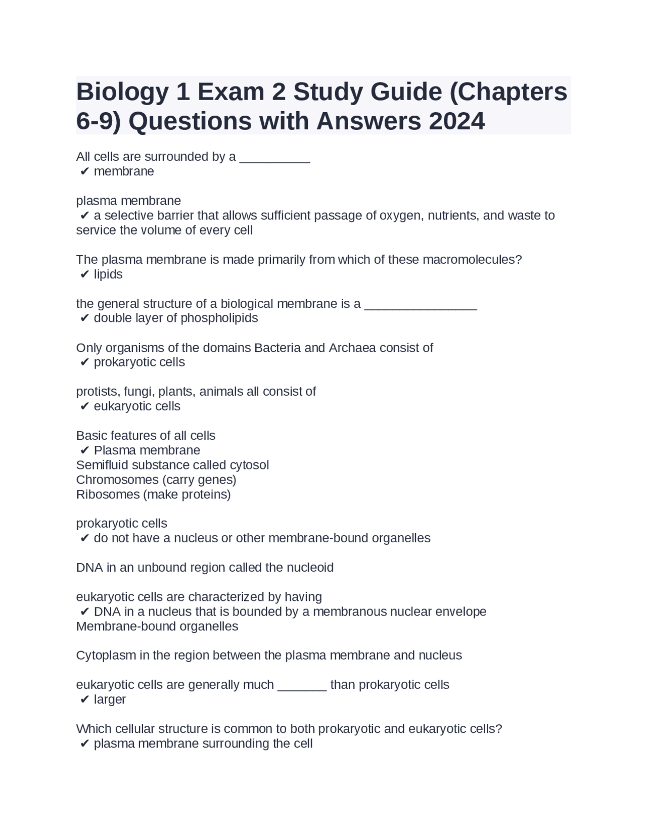 Biology 1 Exam 2 Study Guide (Chapters 6-9) Questions with Answers 2024 ...