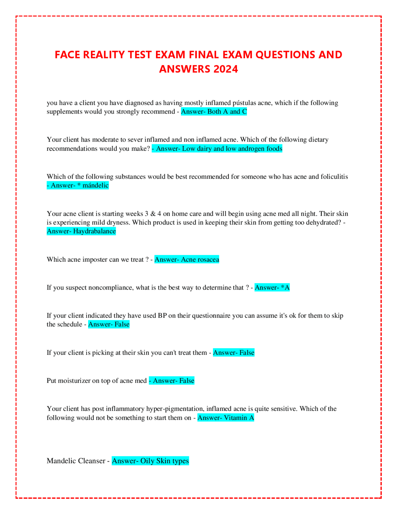 FACE REALITY TEST EXAM FINAL EXAM QUESTIONS AND ANSWERS 2024 | Exams ...