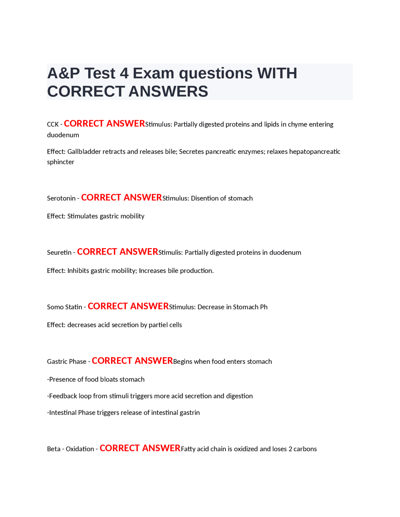 A&P Test 4 Exam questions WITH CORRECT ANSWERS | Exams Nursing | Docsity