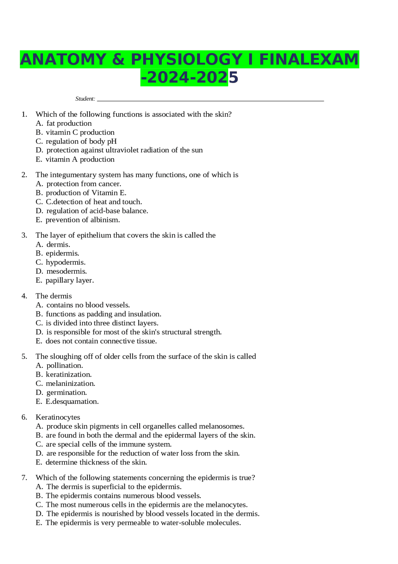 ANATOMY & PHYSIOLOGY I FINALEXAM -2024-2025 .docx | Exams Nursing | Docsity