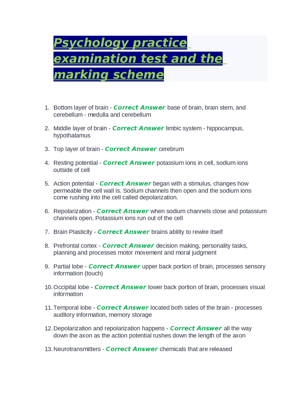 Psychology practice examination test and the marking scheme | Exams ...
