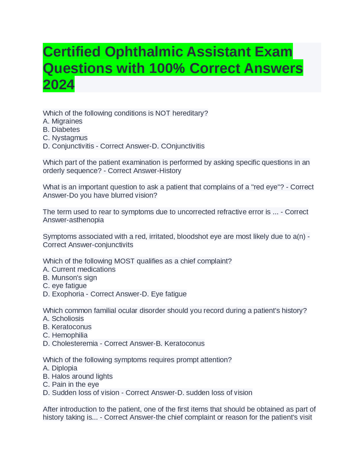 Certified Ophthalmic Assistant Exam Questions with 100% Correct Answers ...