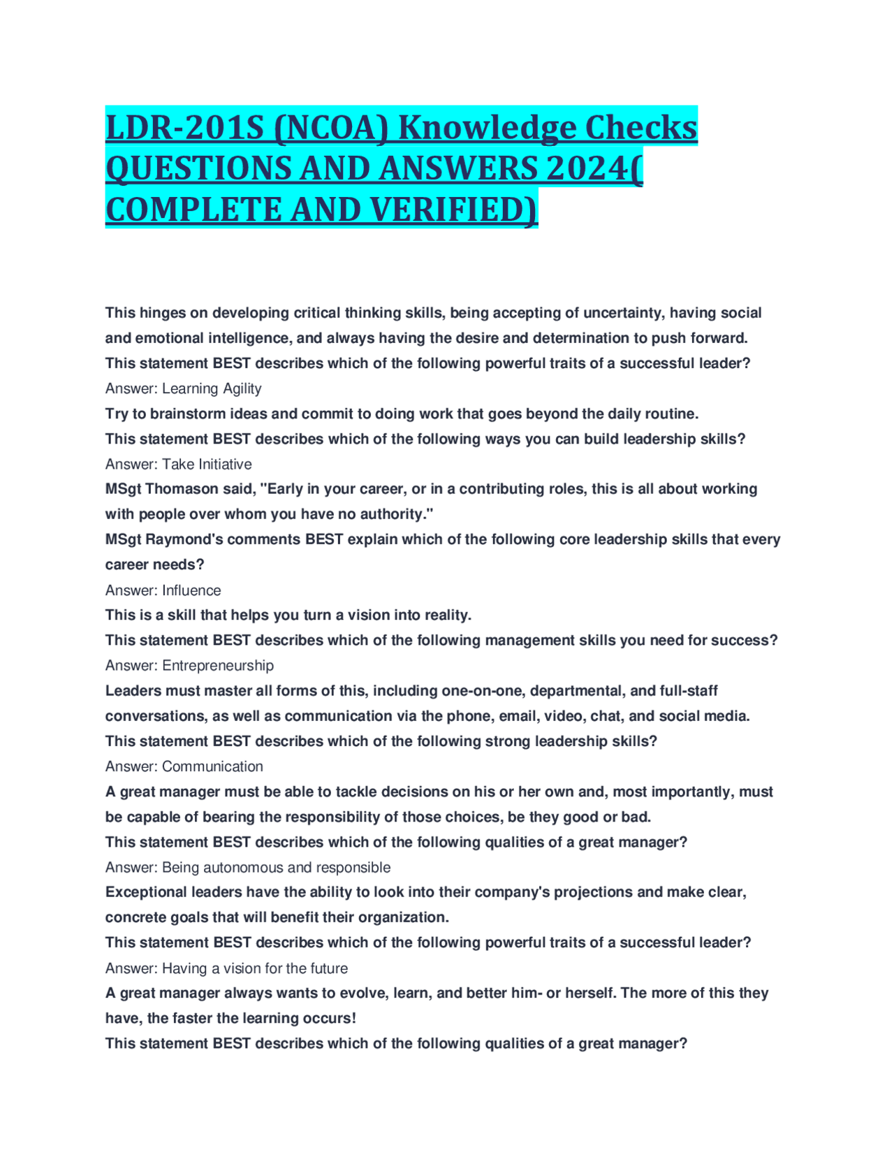 LDR-201S (NCOA) Knowledge Checks QUESTIONS AND ANSWERS 2024( COMPLETE ...