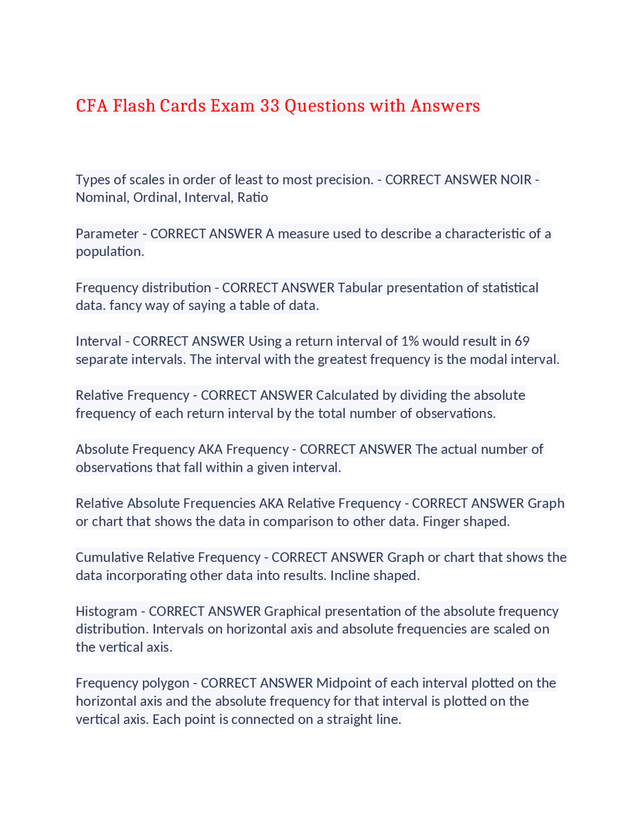 CFA Flash Cards Exam 33 Questions with Answers,100% CORRECT | Exams ...
