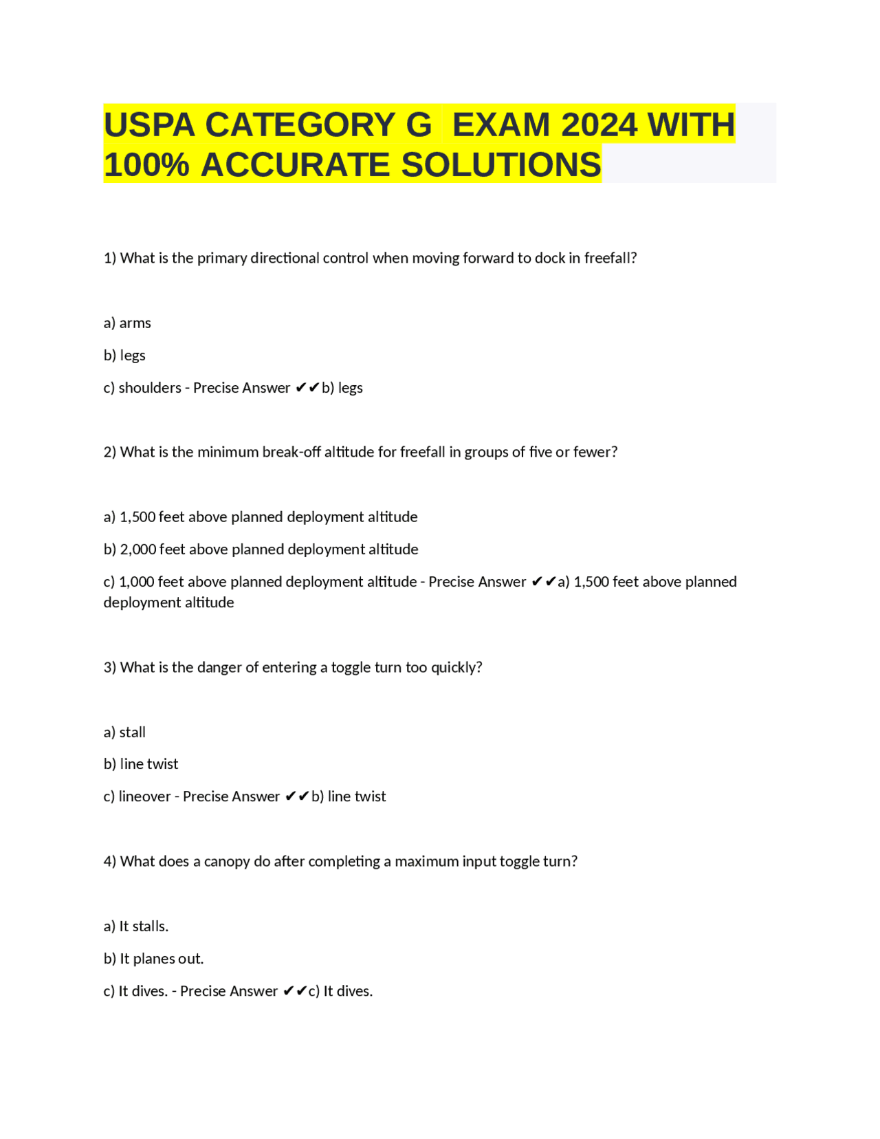 USPA CATEGORY G EXAM 2024 WITH 100% ACCURATE SOLUTIONS | Exams Aviation ...
