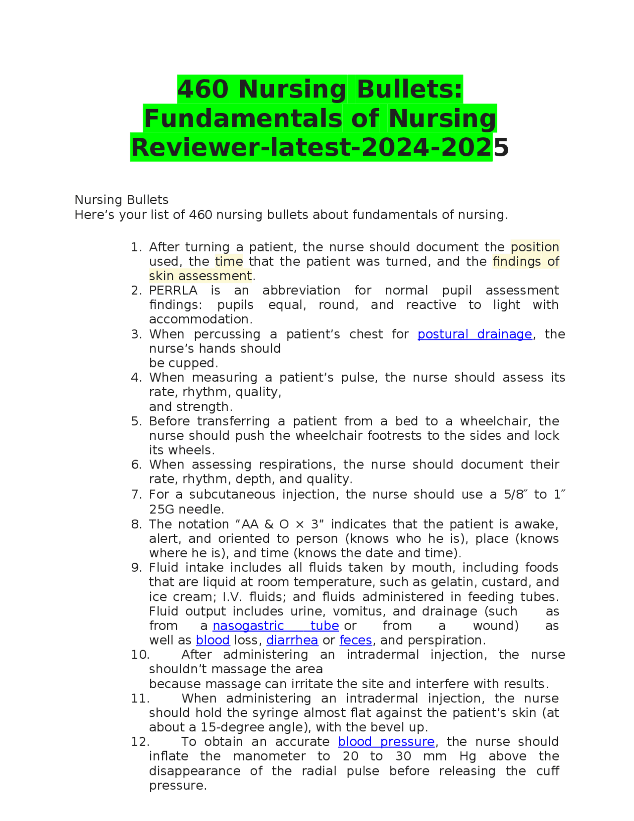 460 Nursing Bullets- Fundamentals of Nursing Reviewer-latest-2024-2025 ...