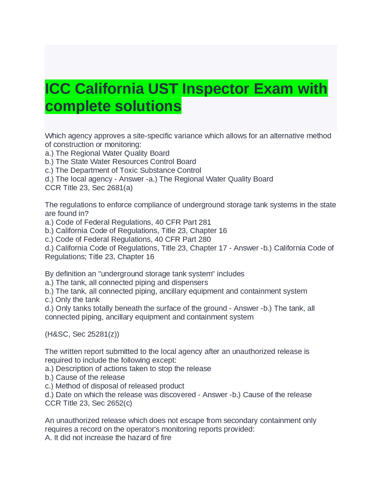 ICC California UST Inspector Exam with complete solutions | Exams ...