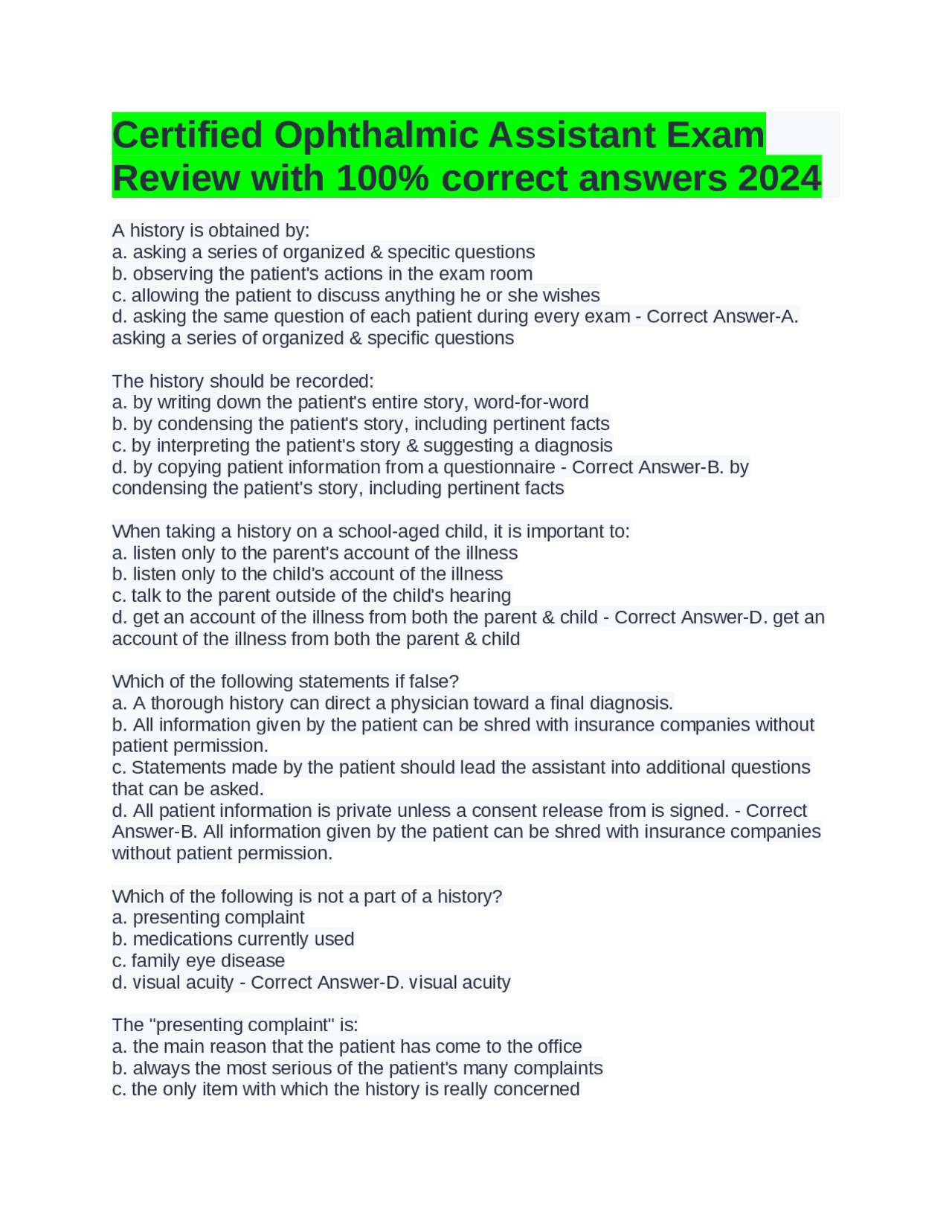 Certified Ophthalmic Assistant Exam Review with 100% correct answers ...
