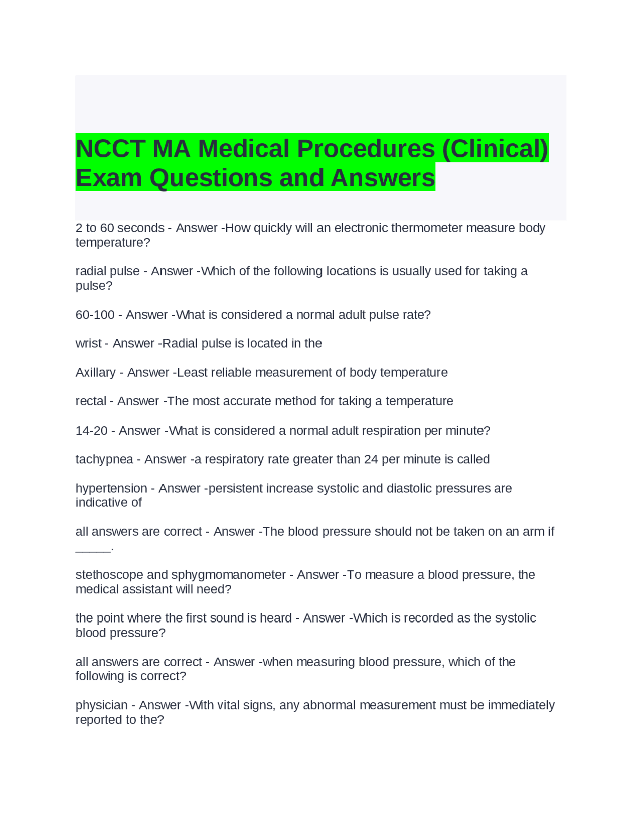 NCCT MA Medical Procedures (Clinical) Exam Questions and Answers ...