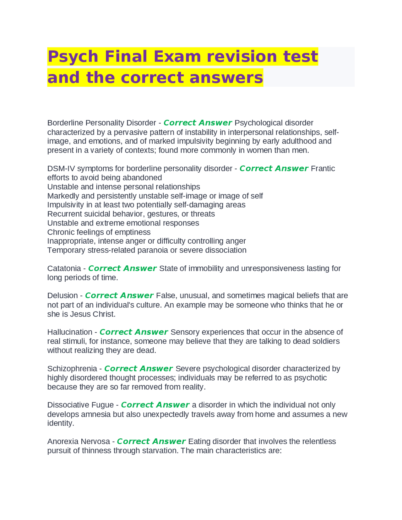 Psych Final Exam revision test and the correct answers | Exams ...