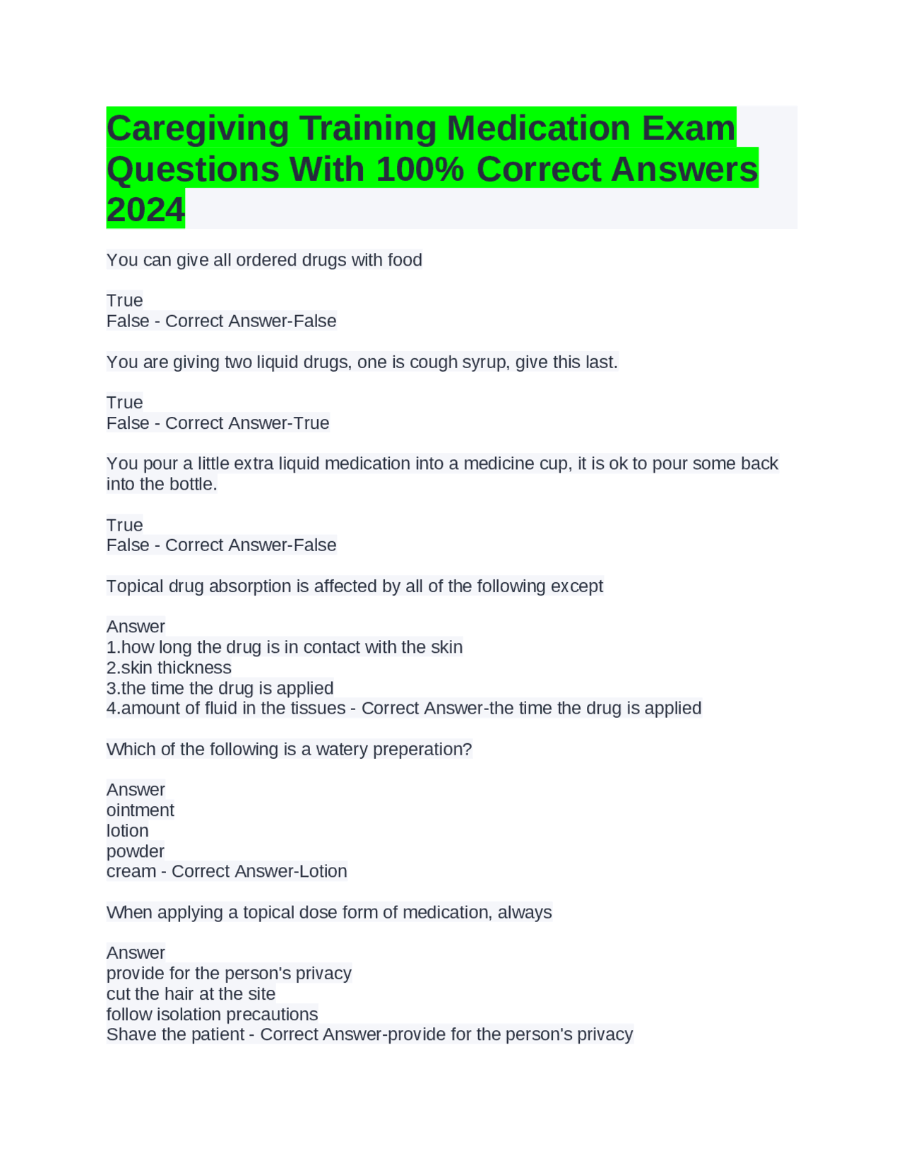 Caregiving Training Medication Exam Questions With 100% Correct Answers ...